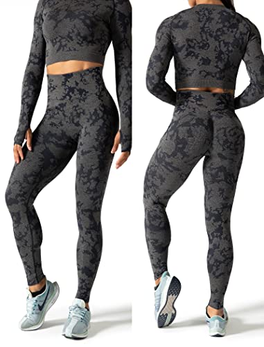 GYMTALENT High Waisted Seamless Workout Sets for Women, Butt Lifting Yoga Sets, Butt Lifting Tummy Control Camo Dark M