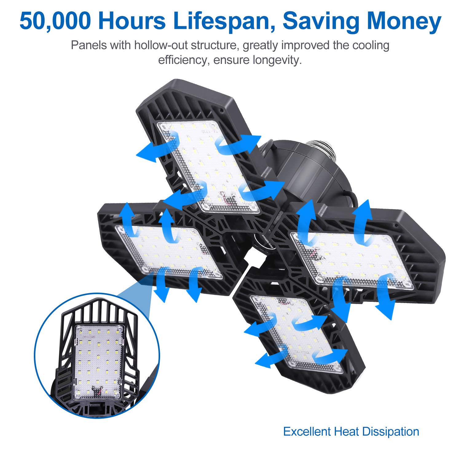 Garage Light, 2020 Updated Four Leaf Garage Light Deformable Led Garage Lights 60W LED Garage Lights 6000 Lumens Garage Ceiling Light CRI 80 Led Light for Garage Workshop Basement Laundry Room-Black