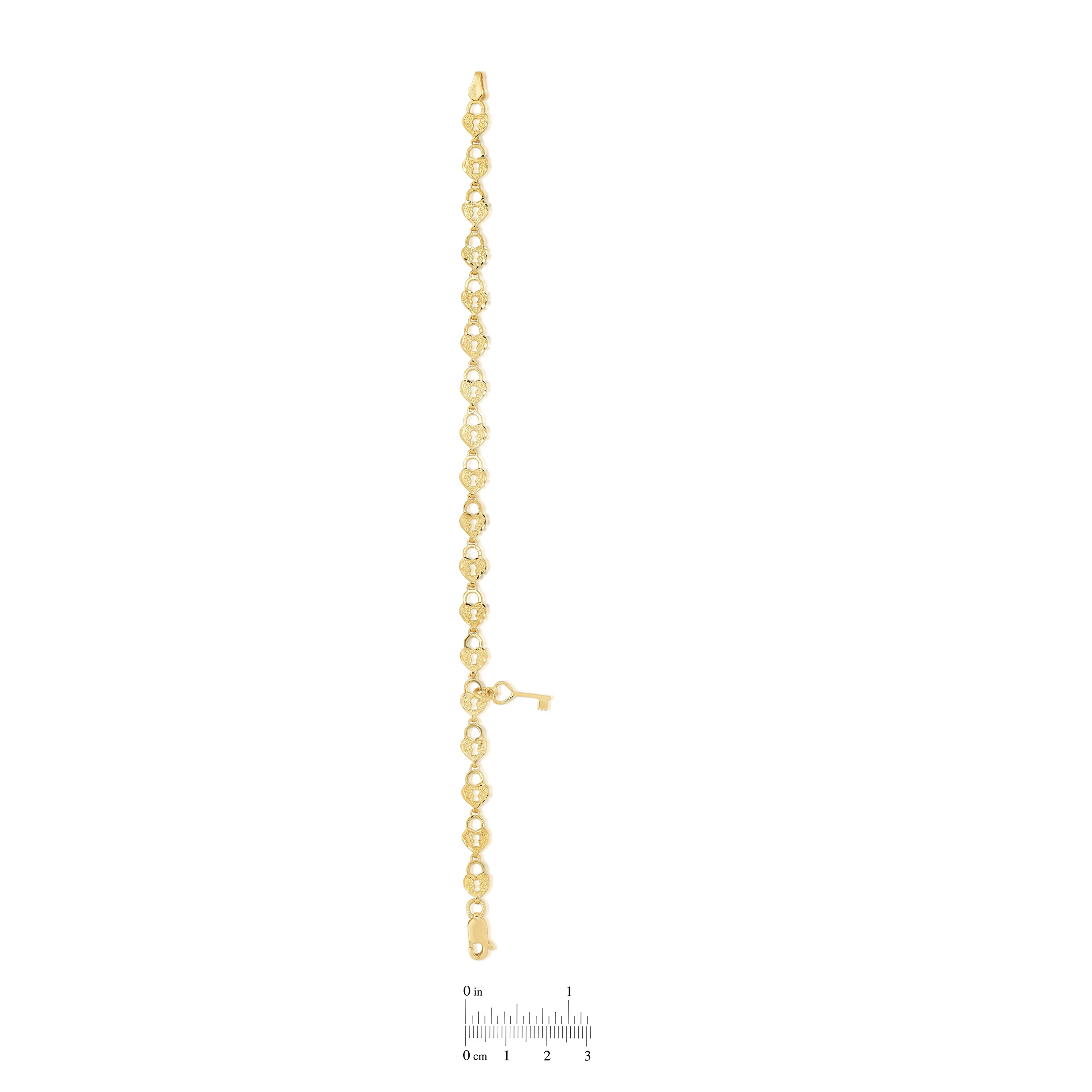 Floreo 10k Yellow Gold Textured Finish Heart Shape Lock and Key Link Charm Bracelet
