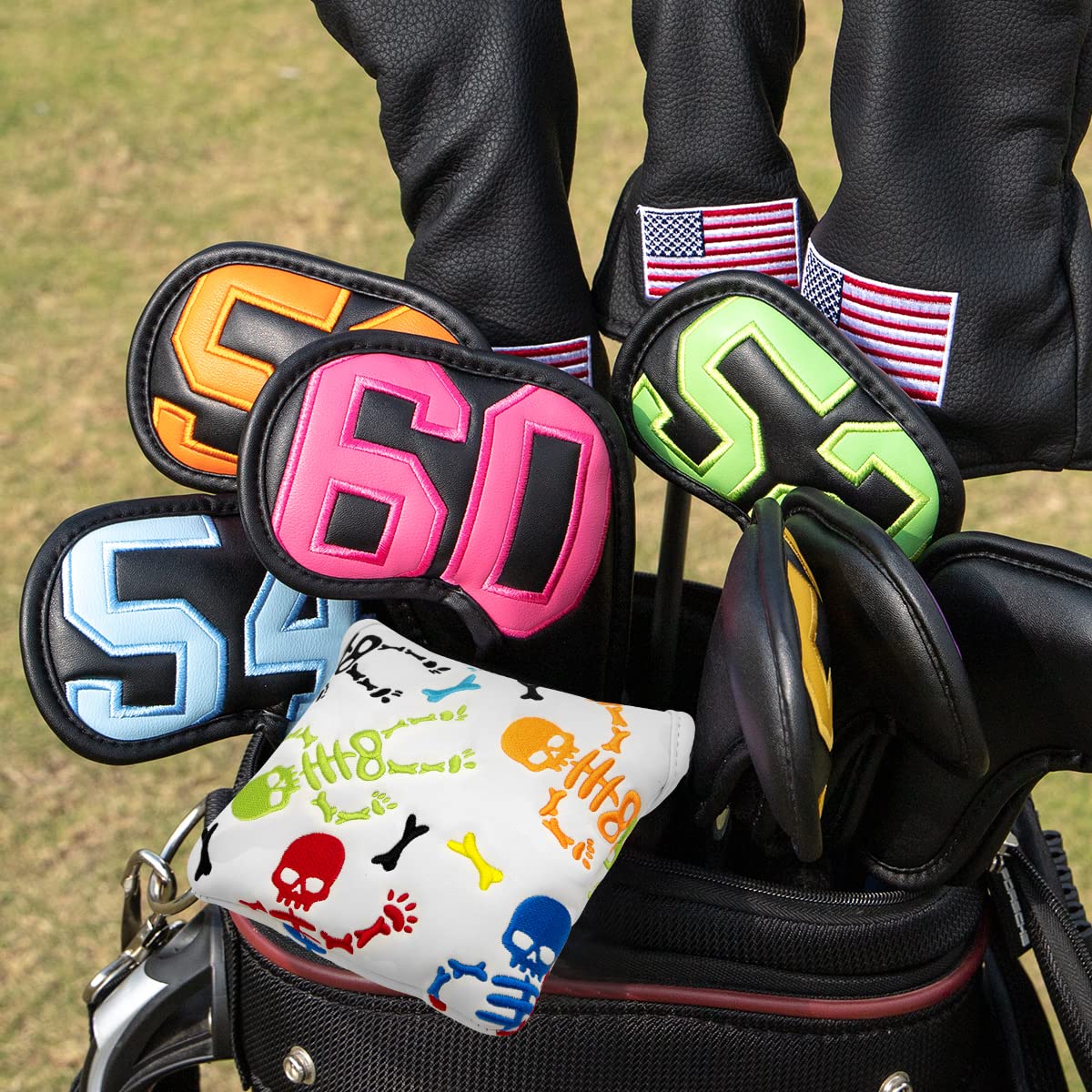 Funny Skeleton Man Golf Square Mallet Putter Cover, Mallet Headcover with Magnetic Closure - 3 Colors Options - Black/Red/White Golf Putter Head Cover (Red Base)