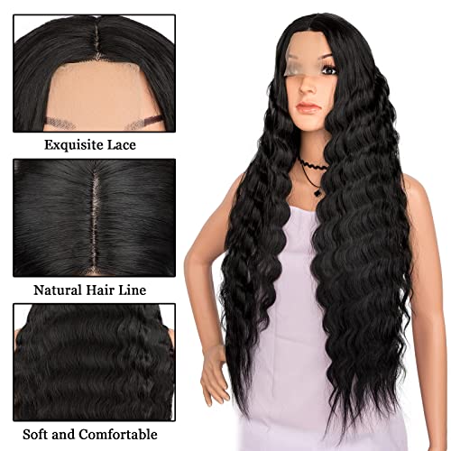 Flvaco 30'' Synthetic Curly Wig for Women, Deep Wave Lace Front Wig and Long Black Wig for Women Daily Use with 4" Simulated Scalp (Black)
