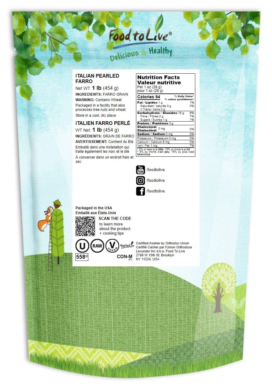 Food to Live Pearled Farro Grain, 1 Pound β Kosher, Vegan, Whole Grain in Bulk, Good Source of Dietary Fiber, Protein and Iron