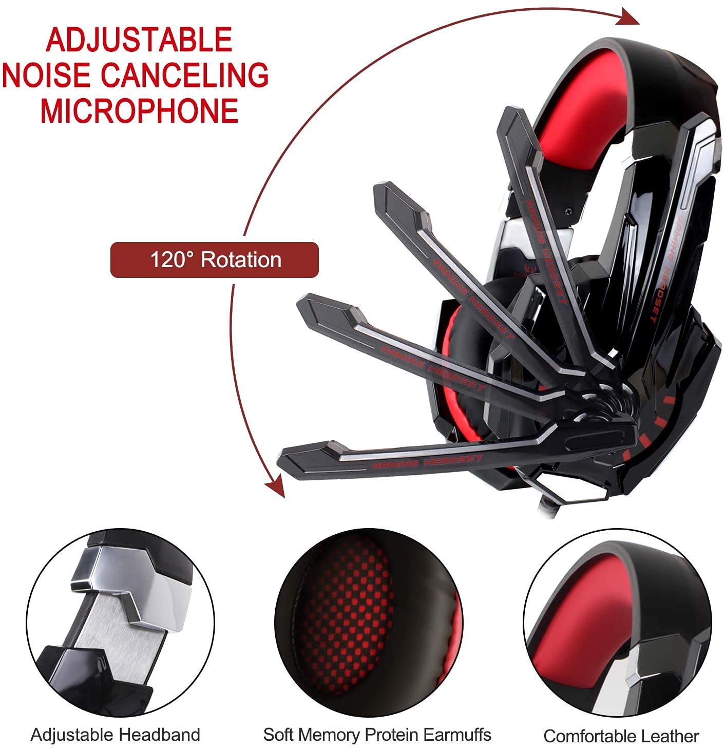 GALOPAR Stereo Gaming Headset for PC, PS4, Xbox One, 3D Surround Sound Headset with Noise Canceling Mic LED Light, Over-Ear Headphones Compatible with PS4, Xbox One, Switch, PC, Mac, Laptop