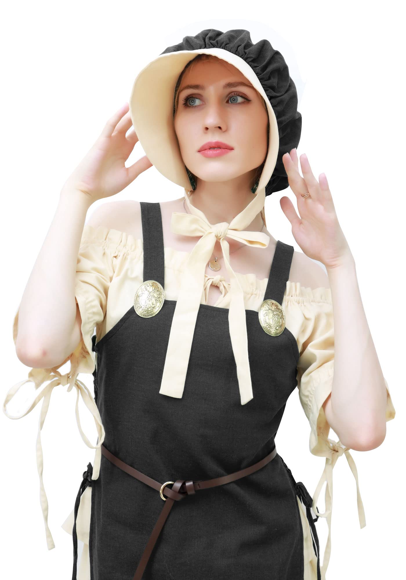 FURPHI Women's Colonial Pioneer Bonnet Hat Linen Victorian Pilgrim Headwear (Black)