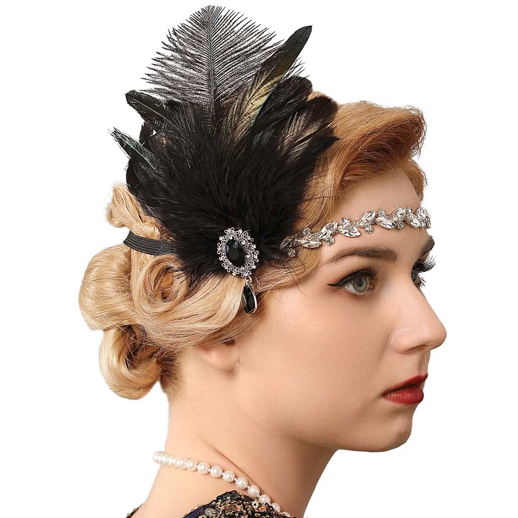 GENBREE 1920s Flapper Headband Black Feather Headpiece Rhinestone Headbands Cocktail Head Accessories for Women(Pattern 3)