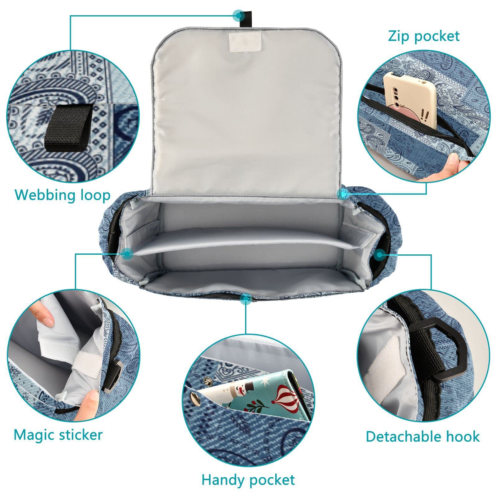 Kigai Denim Patchwork Paisley Baby Stroller Organizer with Cup Holders, Secure Hooks Accessories Adjustable Strap Stroller Bag for Bottle, Diaper, Phone, Toys, Baby Items