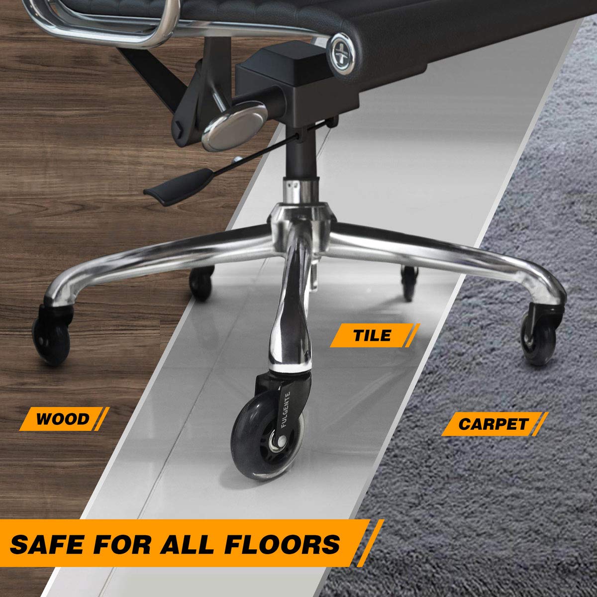 Fulgente Office Chair Caster Wheels(Set of 5), Heavy Duty Protection for Hardwood & Tile Floors Without Mat, Replacement Rubber Chair Casters Universal Fit 7/16 inch -Quick & Quiet Rolling Over Cables