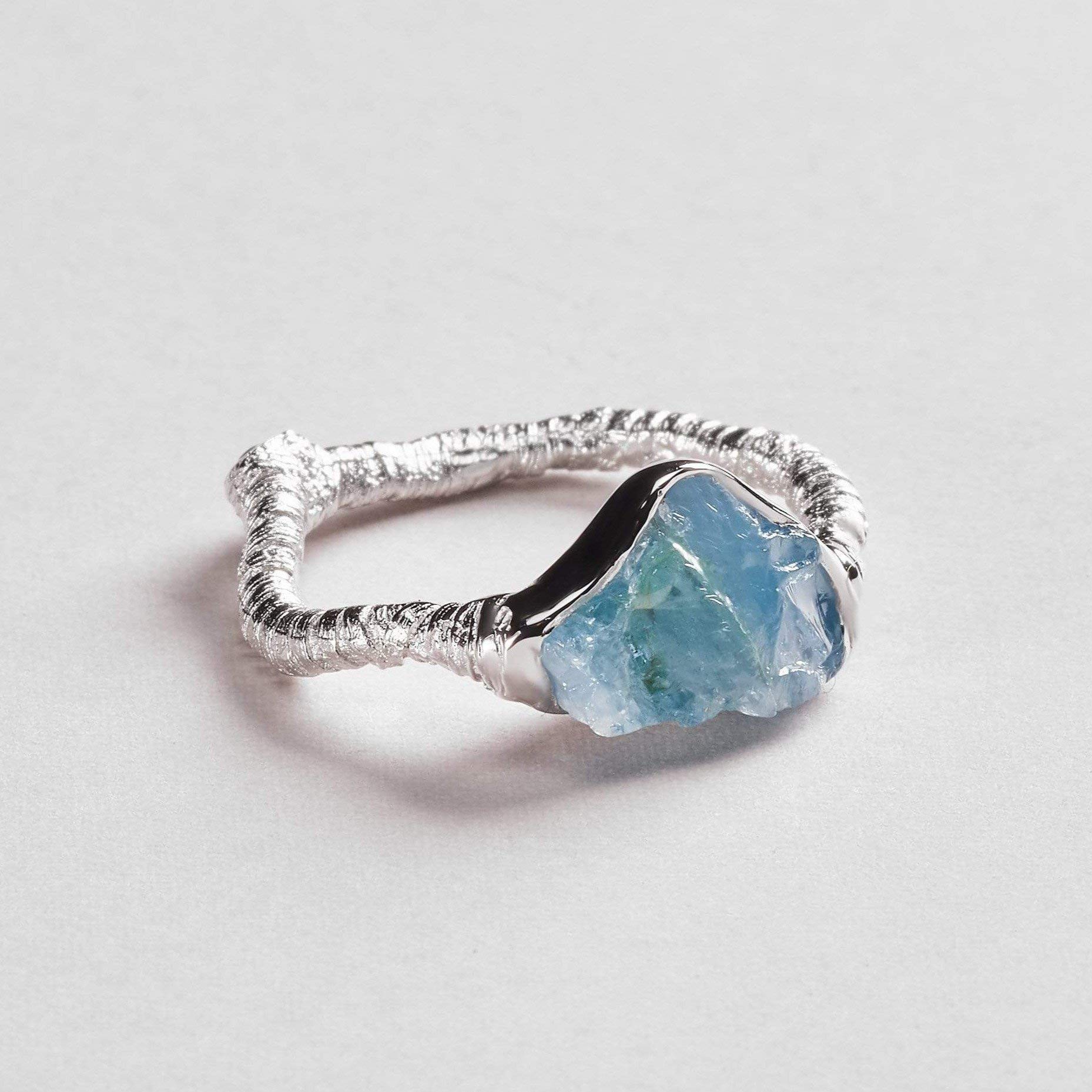 german kabirski 8.60 Carat Blue Aquamarine Handmade Ring in 925 Sterling Silver with White Rhodium Plating Size 7.5