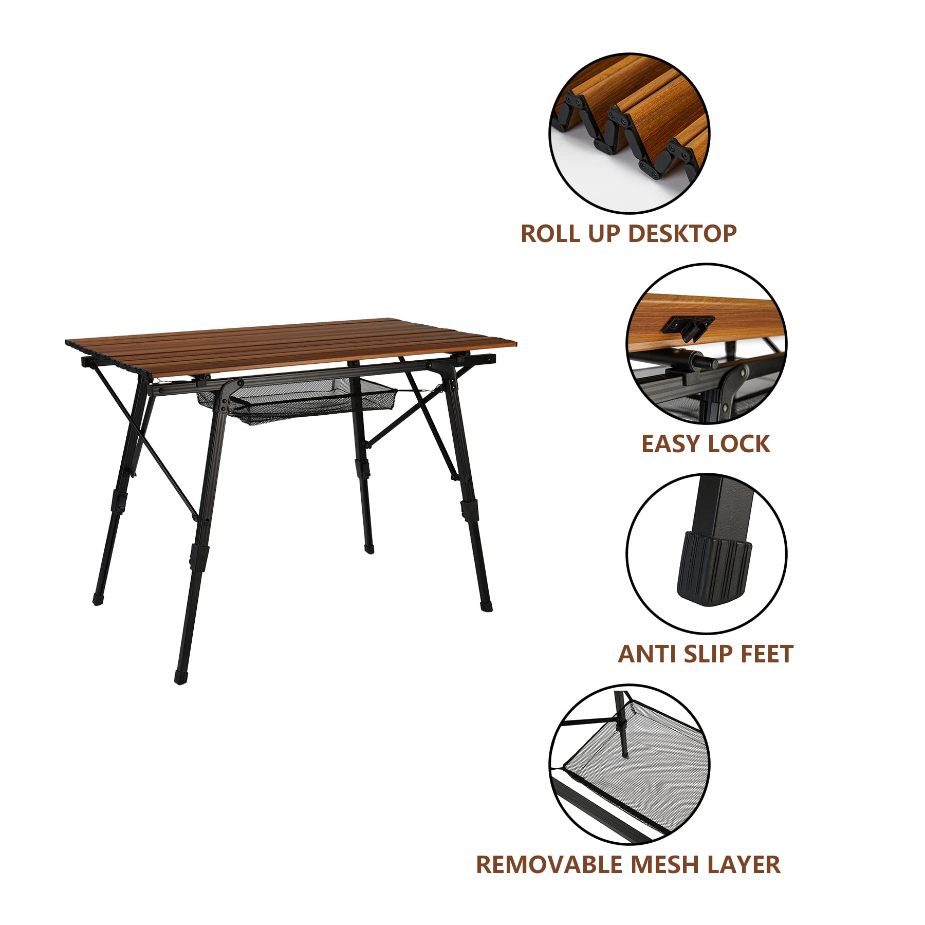 GARDIMAX Outdoor Camping Table Folding Picnic Table with Roll Up Table Top and Adjustable Aluminum Legs, Brown