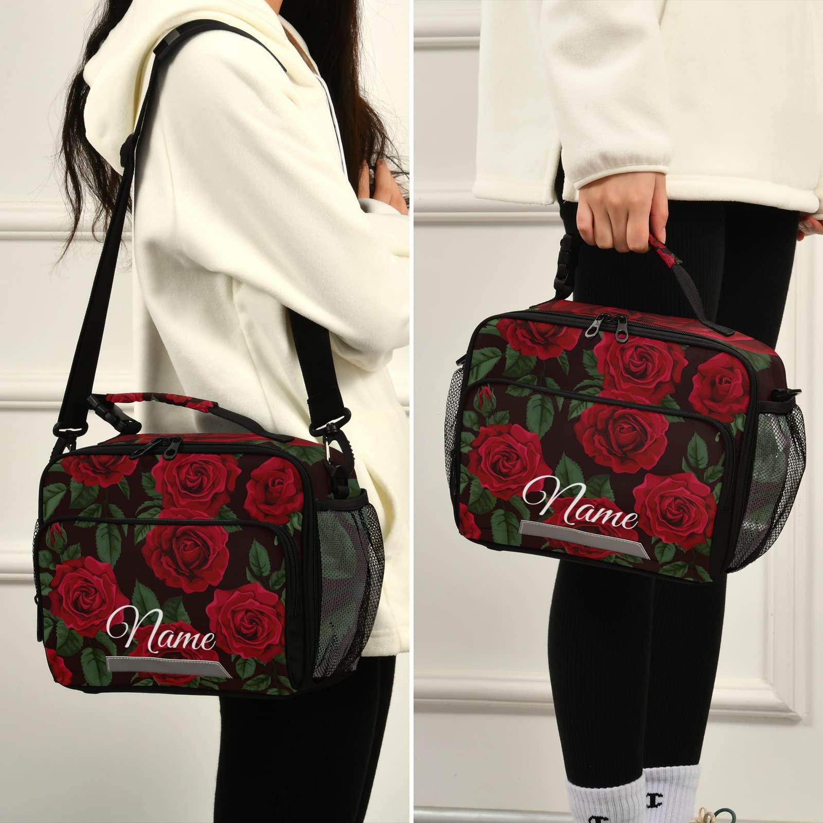 Glaphy Custom Red Rose Flower Lunch Bag for Boys Kids, Personalized Your Name Lunch Tote Bags Insulated Lunch Box for Office Work School Picnic