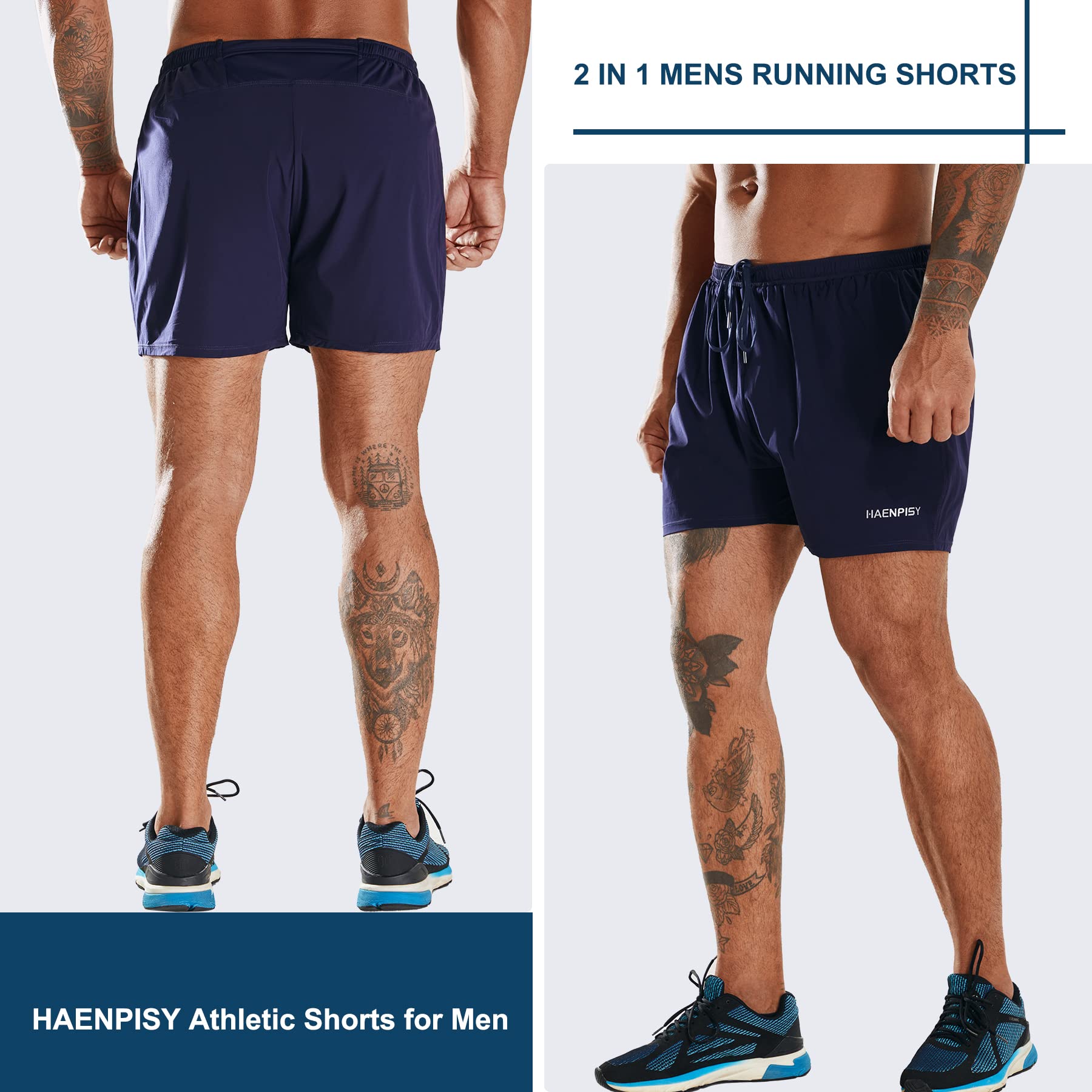 HAENPISY Mens Workout Shorts with Compression Liner Quick Dry Lightweight 2 in 1 Athletic Running Shorts Back Pocket(Small, Navy)