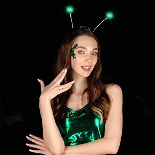 Funcredible Light Up Alien Headbands and Glitter - Green Martian Light Up Alien Antenna Headband - Space Costume Accessories - Sparkly Alien Costume
