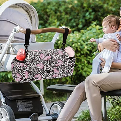 Kigai Pink Butterfly and Leopard Baby Stroller Organizer with Cup Holders, Secure Hooks Accessories Adjustable Strap Stroller Bag for Bottle, Diaper, Phone, Toys, Baby Items