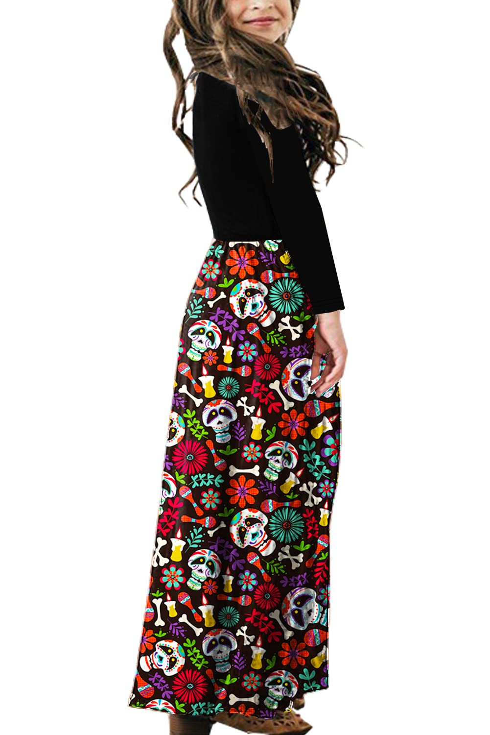 Girl's Halloween Dresses Sugar Skull Day of The Dead Skeleton Cosplay Maxi Dress 11-12 Years