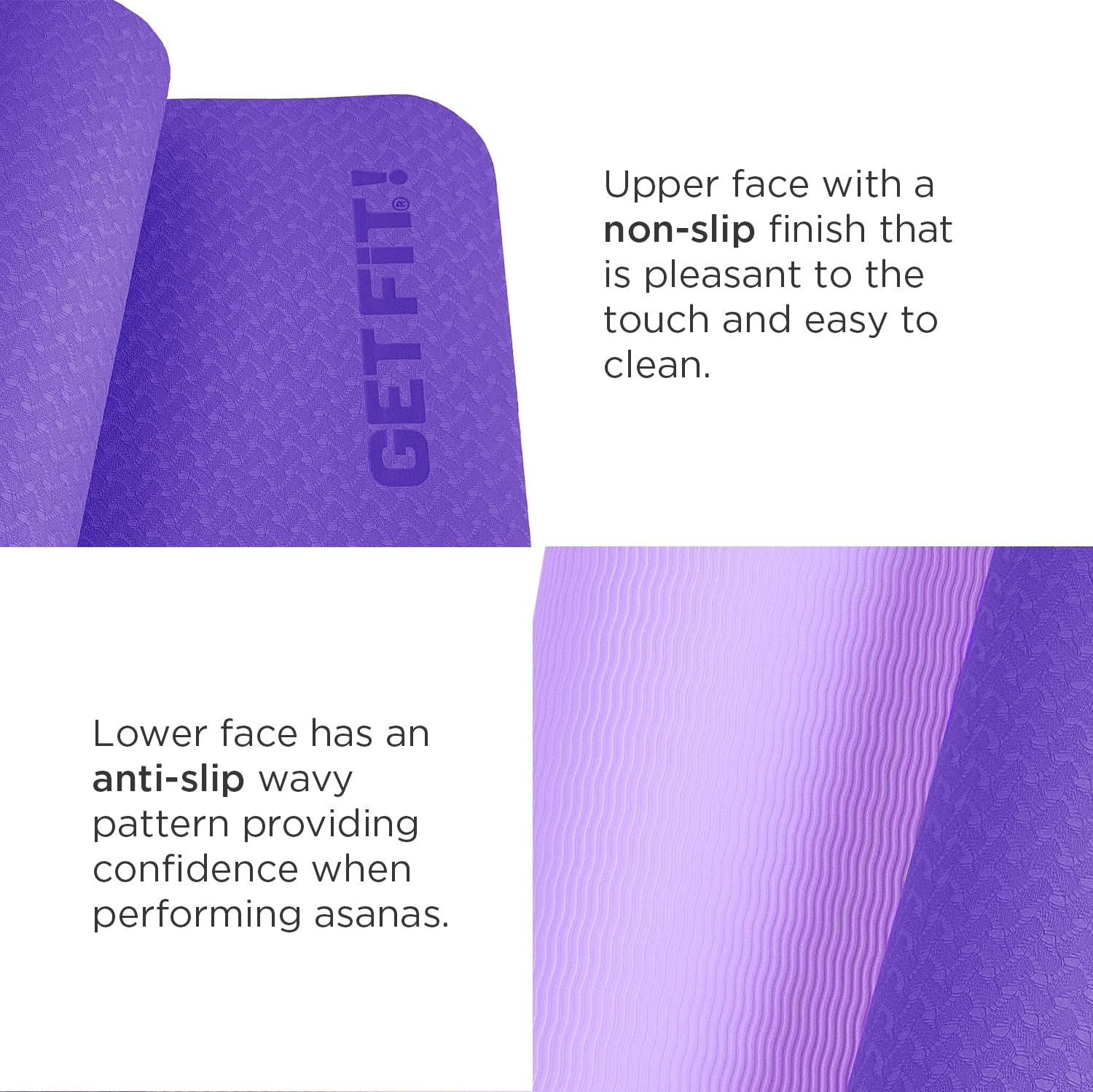 GET FIT! Eco Friendly TPE Yoga Mat Non-Slip surface 6mm thick with Carrying Strap. Lightweight easy to roll and carry. (Violet + Violet)