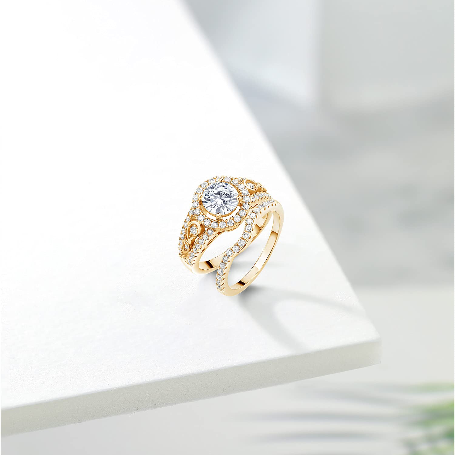 Gem Stone King Build Your Own Personalized and Customized Round Birthstones and Moissanite 18K Yellow Gold Plated Silver Women Wedding Engagement Ring Band Bridal Set (Size 7)