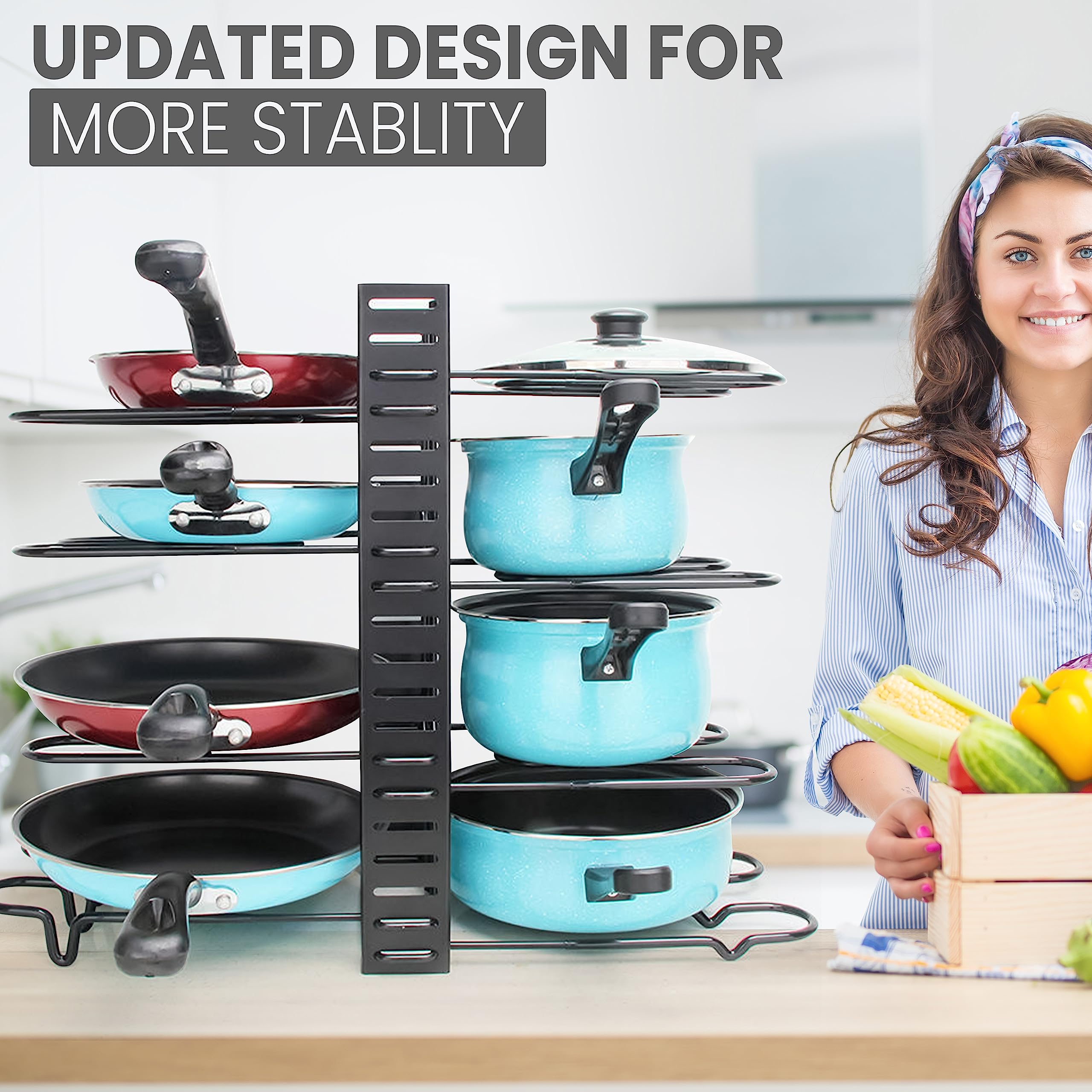 Generic 8 Tier Pot And Pan Organizer For Cabinet - Sturdy Iron Base, Easy Assembly, 8 Adjustable Tiers, Clears Countertops