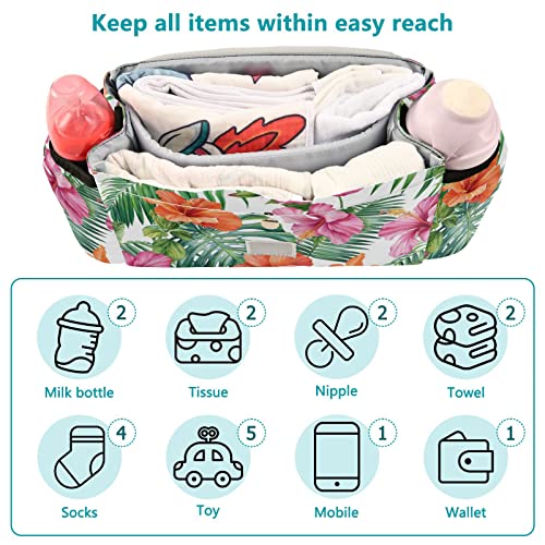Kigai Tropical Palm Flower Baby Stroller Organizer with Cup Holders, Secure Hooks Accessories Adjustable Strap Stroller Bag for Bottle, Diaper, Phone, Toys, Baby Items