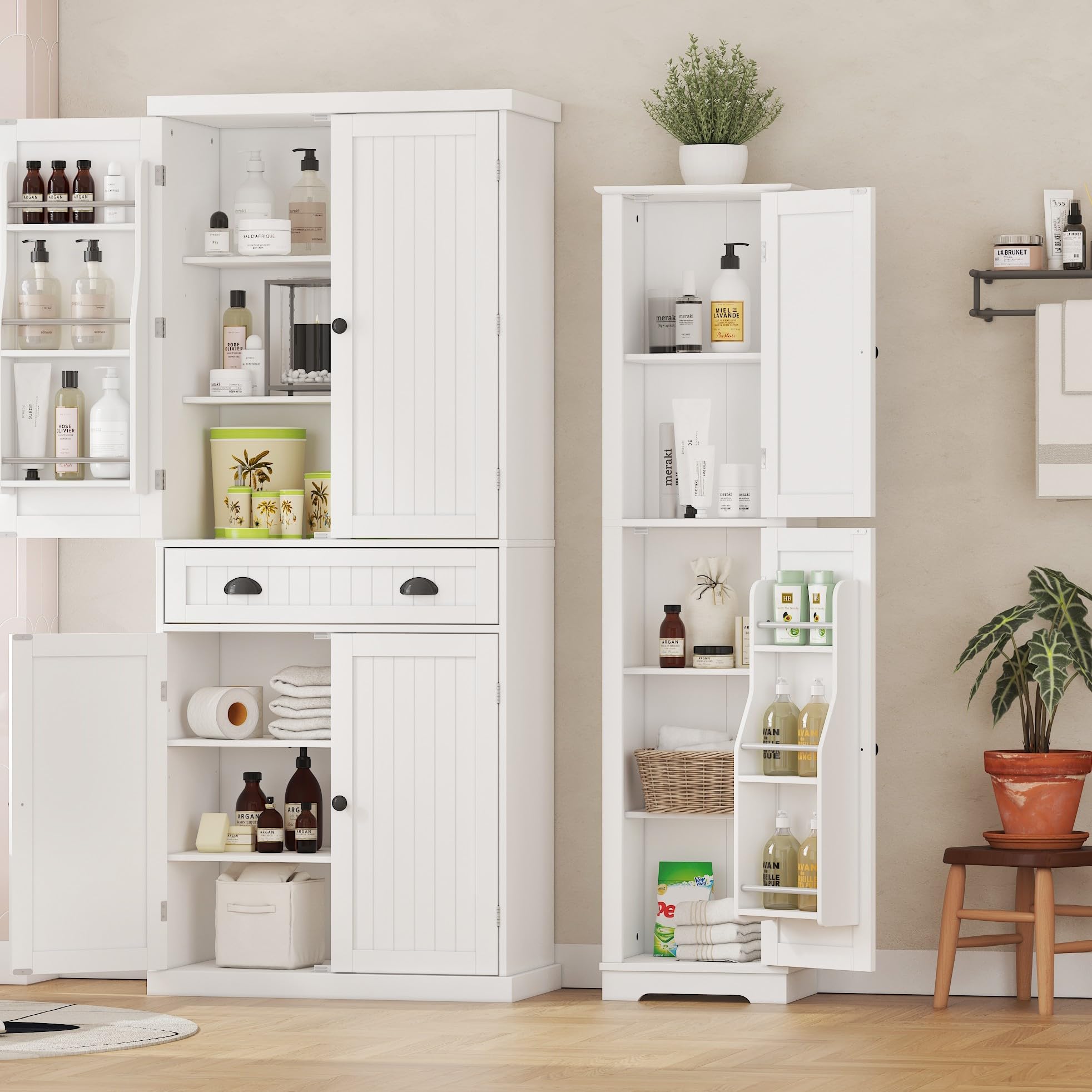 Function Home Modern Storage Cabinet, Free-Standing Floor Cabinet, Bathroom Cabinet with Adjustable Drawers, Open Shelf and Two Doors, Wooden Cupboard for Home, Living Room, Kitchen, Bedroom in White