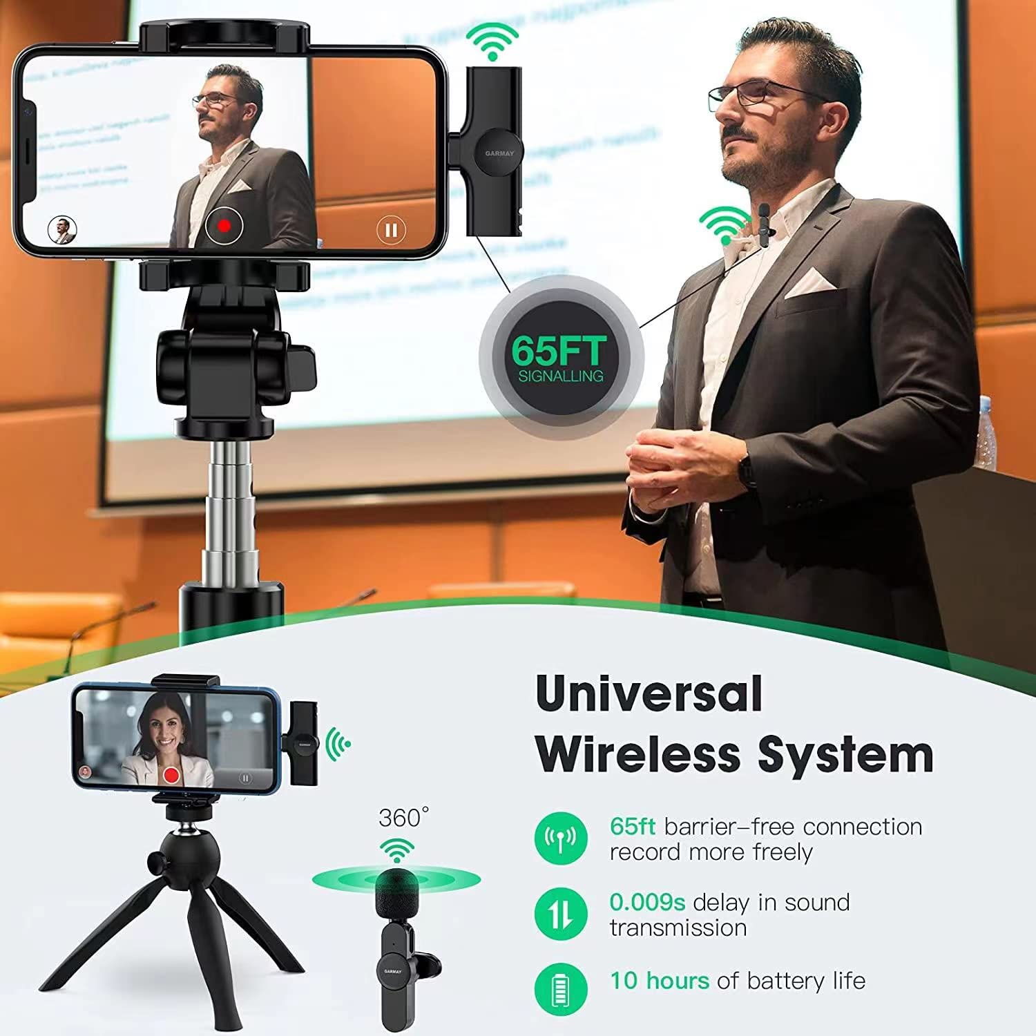 GARMAY Plug-Play Wireless Lavalier Microphone for iPhone iPad, Wireless Lapel Mic for YouTube Video, Live Stream,No Delay Auto-syncs Mic for Vlog,Interview (NO APP or Bluetooth Needed)