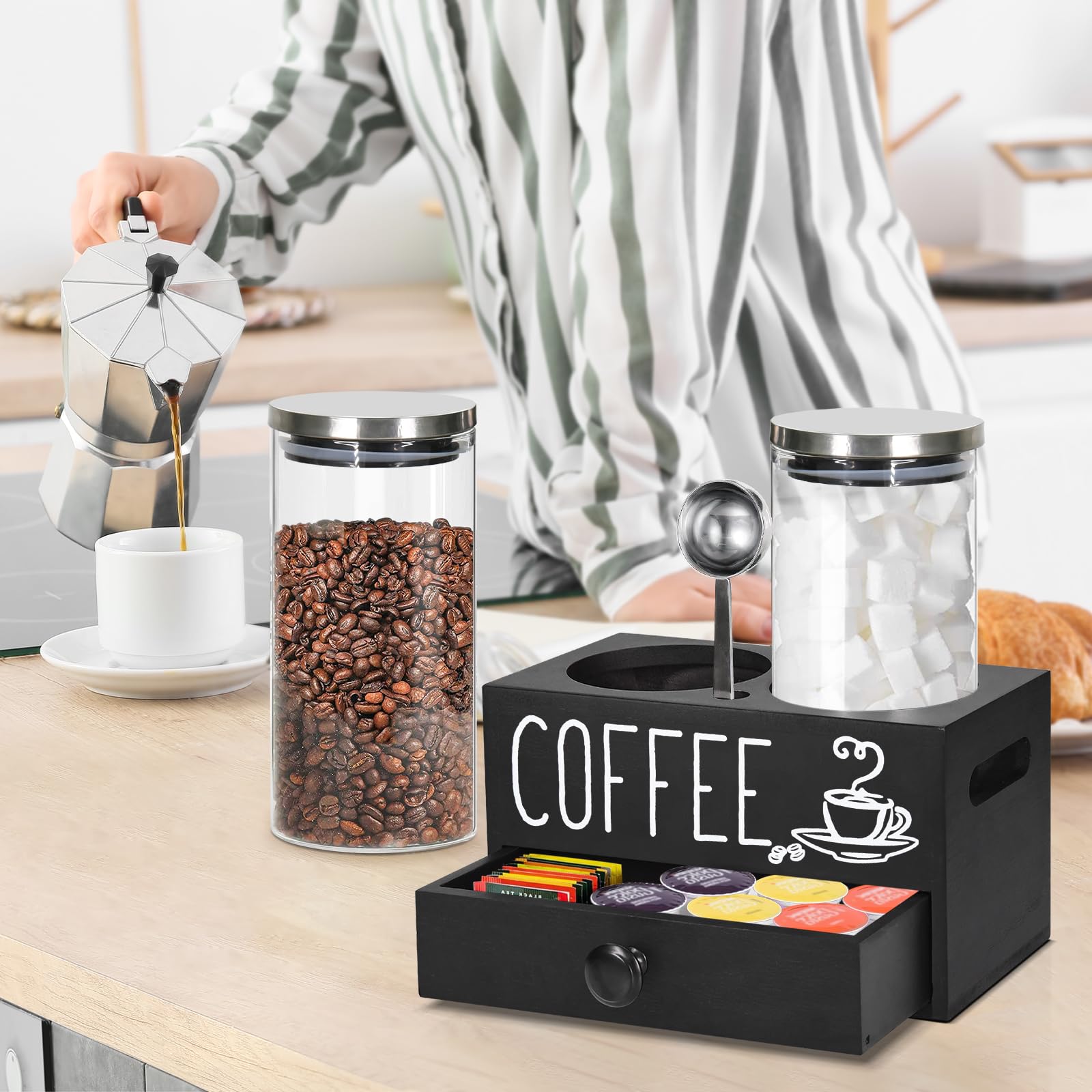 Glass Coffee Containers with Shelf, Coffee Bean Storage Container with Airtight Lids, Coffee Container for Ground Coffee, Coffee Bar Accessories Organizer with Drawer, Food Storage Jars for Kitchen
