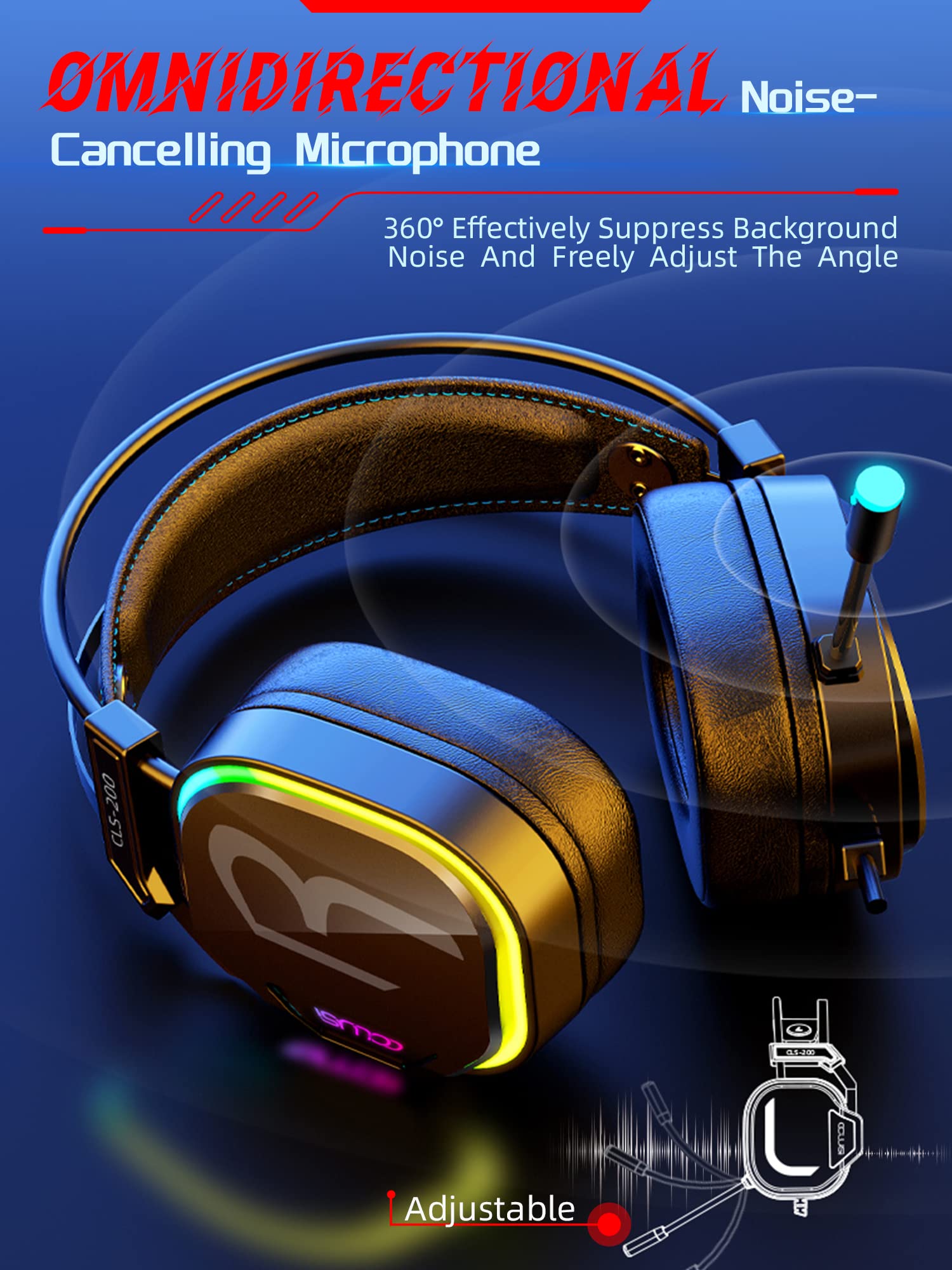 Gaming Headset for PS4, PC Gaming Headphone with RGB Streamer Gradient Headband and Noise Reduction Mic, 7.1 Surround Sound Suspended Wired Headsets for PS5, PC, PS4, iMac, Laptop