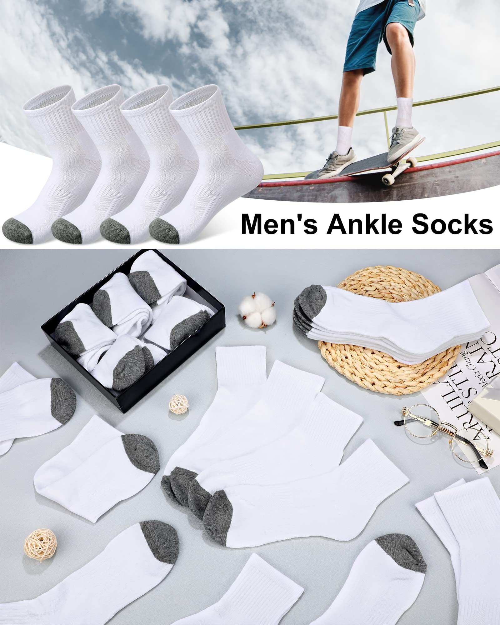 Hicarer 36 Pairs Men's Athletic Ankle Socks Bulk Crew Calf Socks Breathable Cushion Comfortable Casual Running Sock Size 9-12 (White Gray)