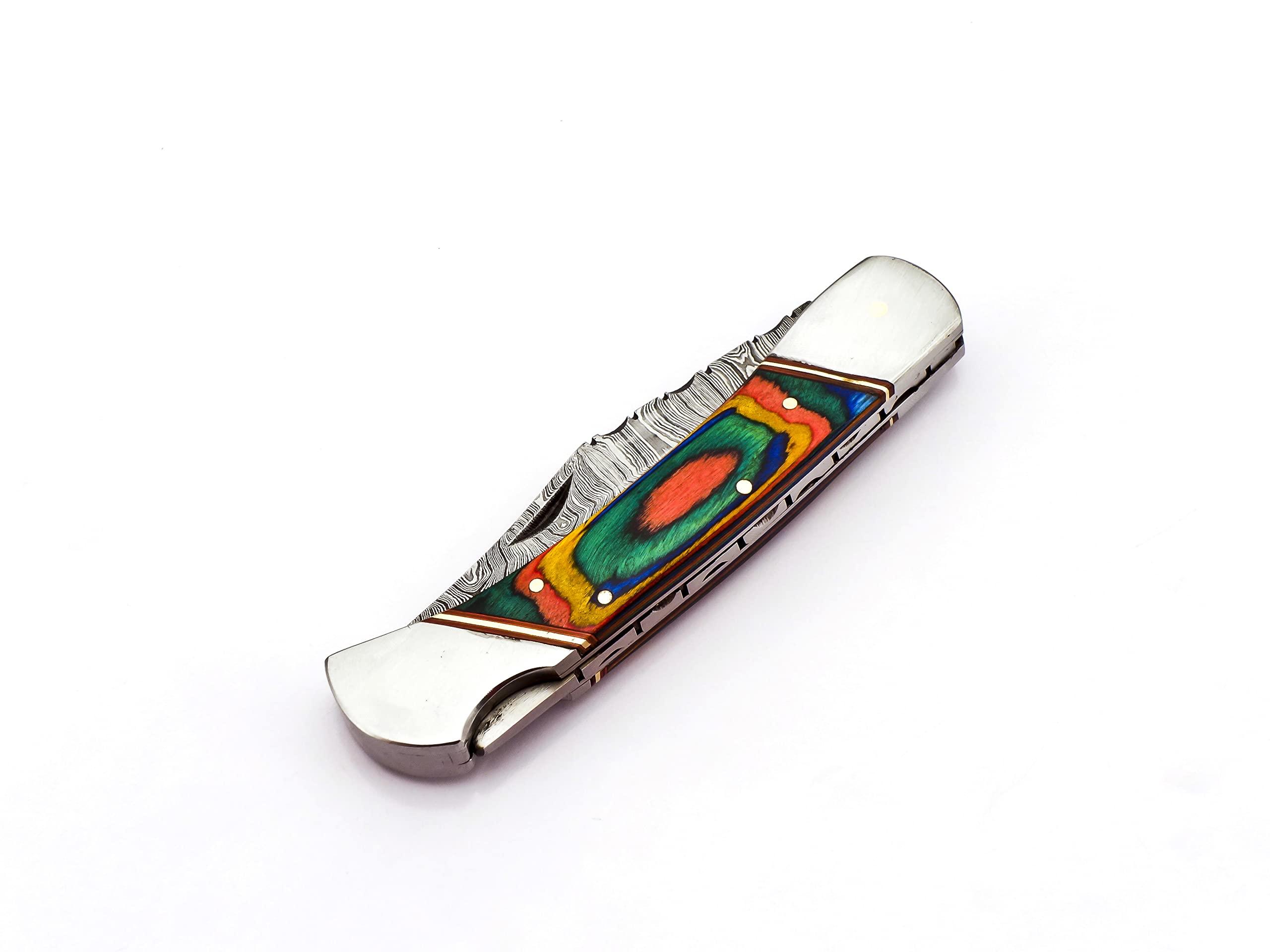 Generic Custom Hand Made Damascus Steel Hunting Folding Knife Handle Multi Color Pocket Knife with Back Lock (Multi Color) 9.00 INCHES LONG