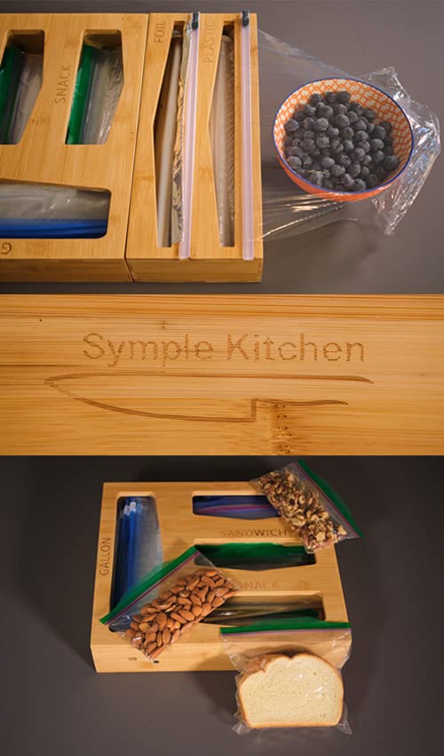 Foil and Plastic Wrap Organizer, Magnetic Dispenser with Cutter, 6 in 1 Aluminum Dispenser, Bamboo Storage Kitchen Drawer Organizer for Foil, Ziploc, Gallon, Quart, Sandwich, Snack, standard large