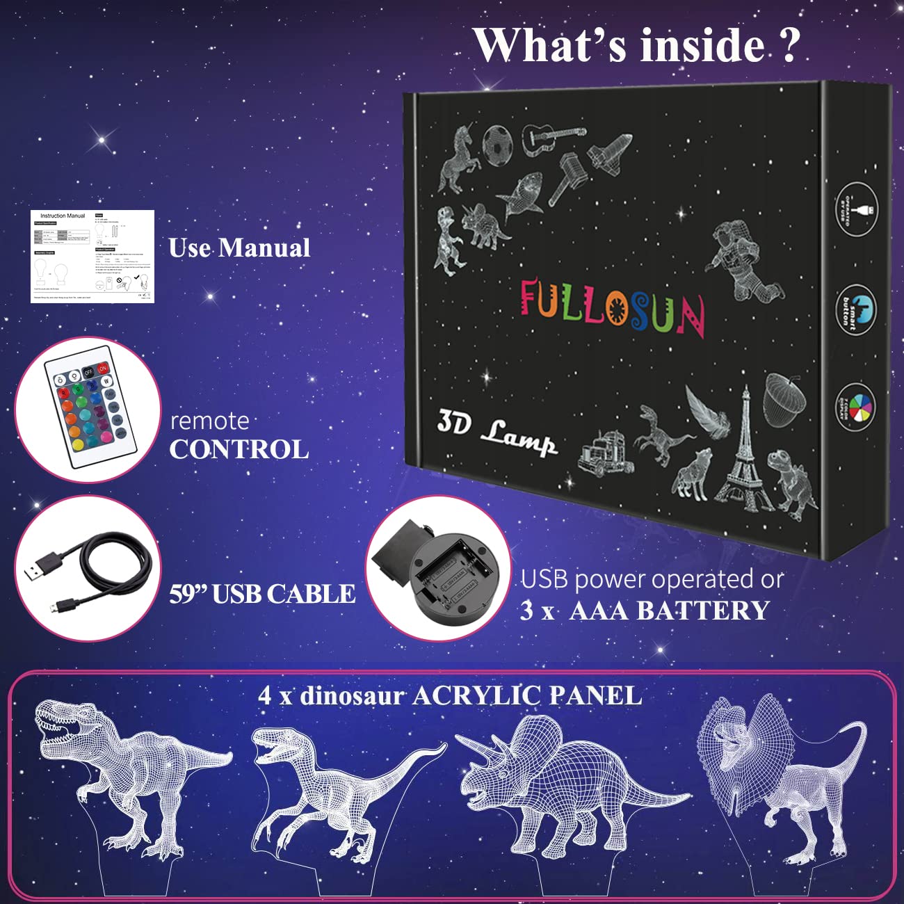 FULLOSUN Dinosaur Gifts, T-rex Dinosaur 3D Night Light for Kids (4 Patterns) with Remote Control & 16 Colors Changing & Dimmable Function & Gift Wrap, Xmas Birthday Gifts for Boy Girl