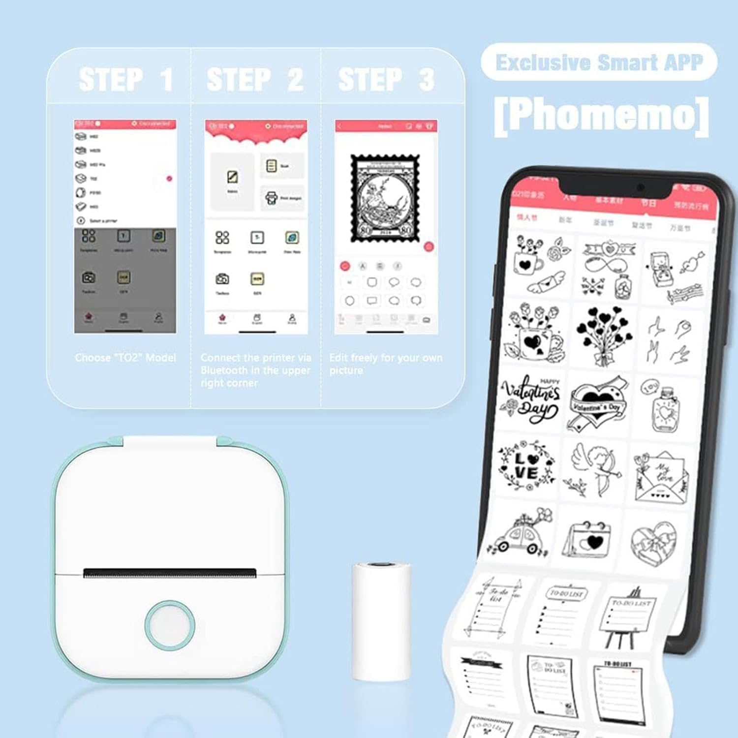 Thermarote Mini Printer, Portable Mini Pocket Sticker Printer, Thermal Printer Inkless Sticker Maker Machine Pocket, T02 Sticker Printer for Work, Plan, Notes (Pink)