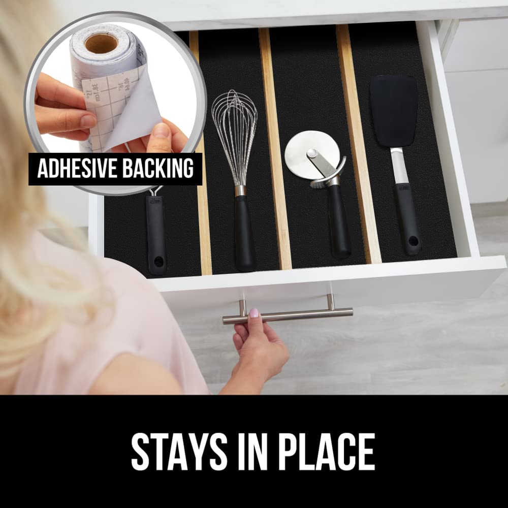Gorilla Grip Peel and Stick Adhesive Liner and Under Sink Mat, Adhesive Liner Size 11.8Inx10FT, Removable Easy Install, Under Sink Mat Size 24x40, Quick Dry Washable, Both in Black, 2 Item Bundle
