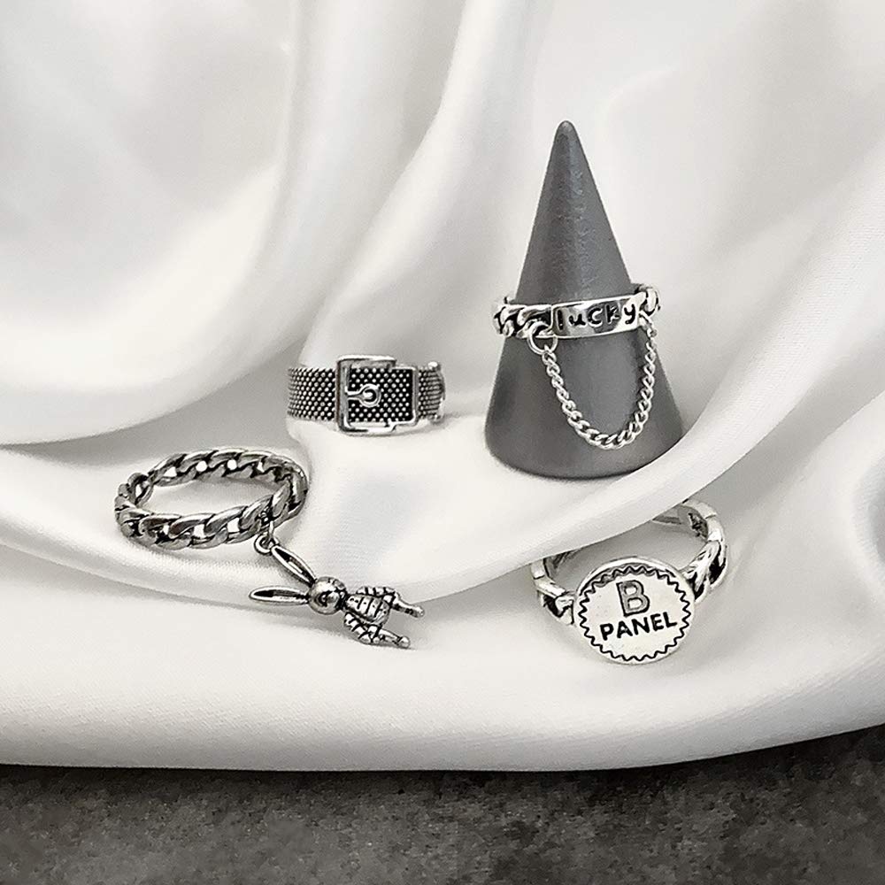GulCean Adjustable Ring Set for Women Men Vintage Silver Stylish Cool Goth Kpop Hippie Anime Emo Lucky B Letter Rabbit Belt Buckle Charms Chain Rings Set Gift 4pcs (Vintage Silver)
