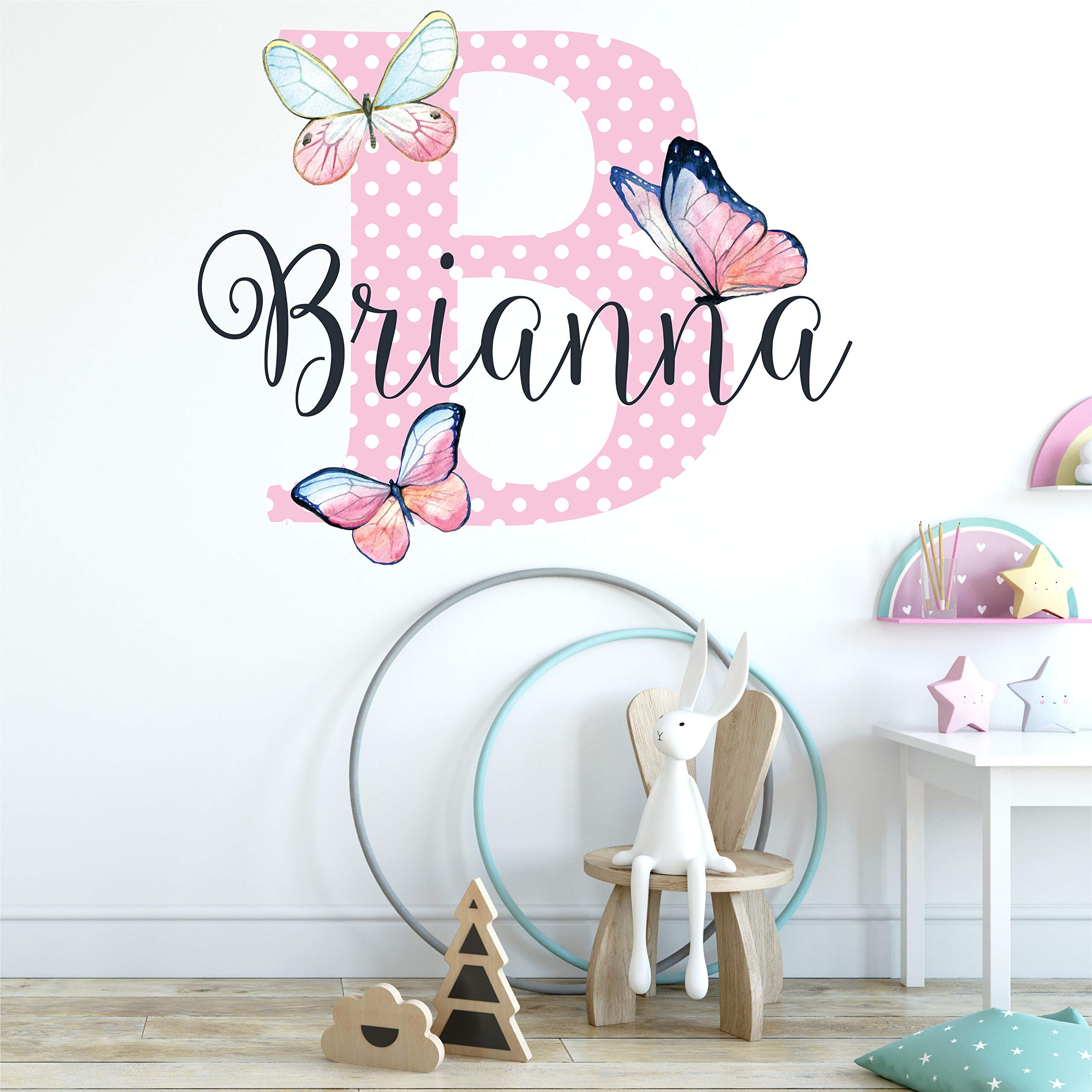 Girls Nursery Printed Pink and White Polka Dots Watercolor Butterflies Custom Personalized Name and Initial Vinyl Wall Decal, Decor Wall Sticker (Medium)
