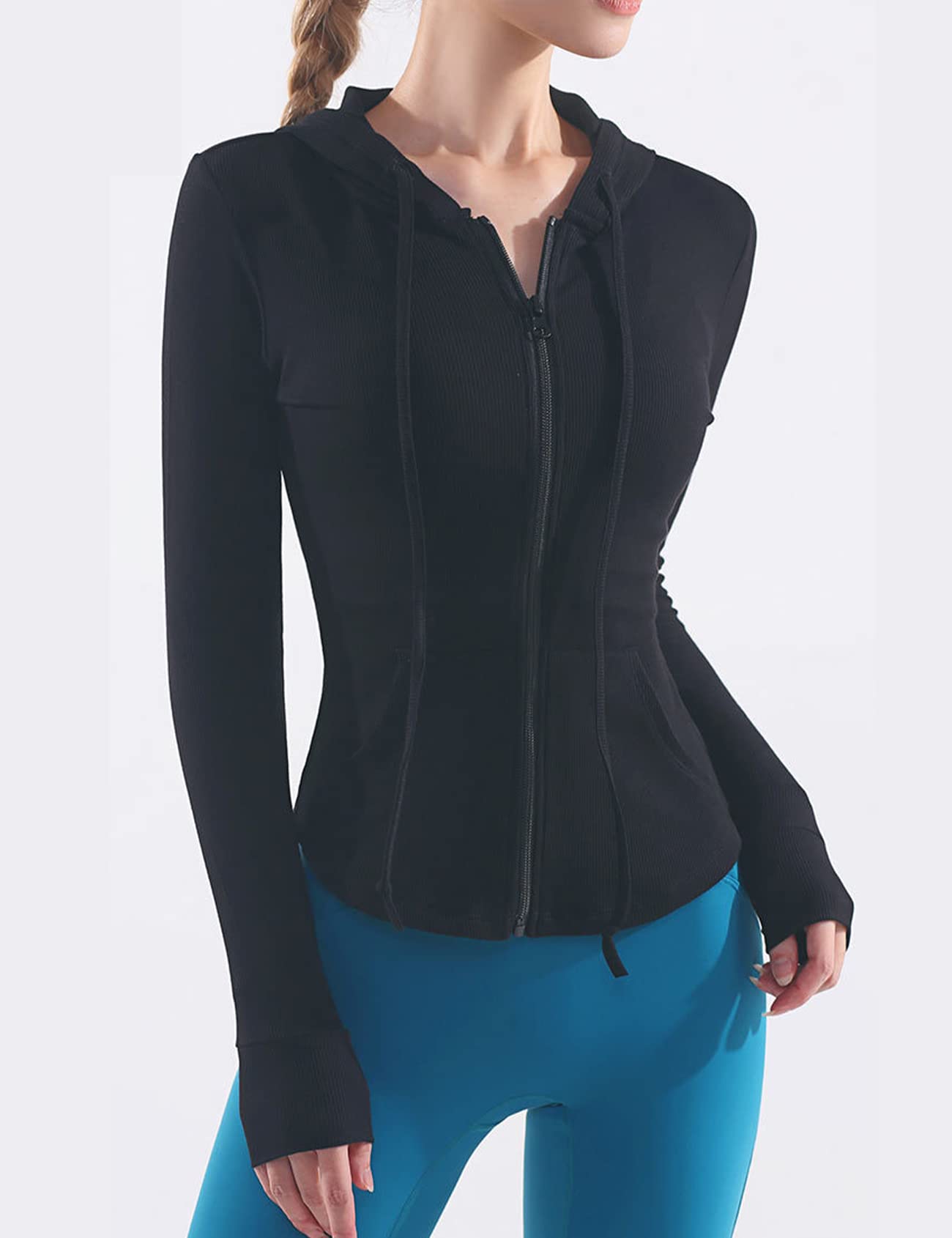 Gihuo Women' s Running Yoga Jacket Full Zip Athletic Workout Hooded Jacket(Black-M)