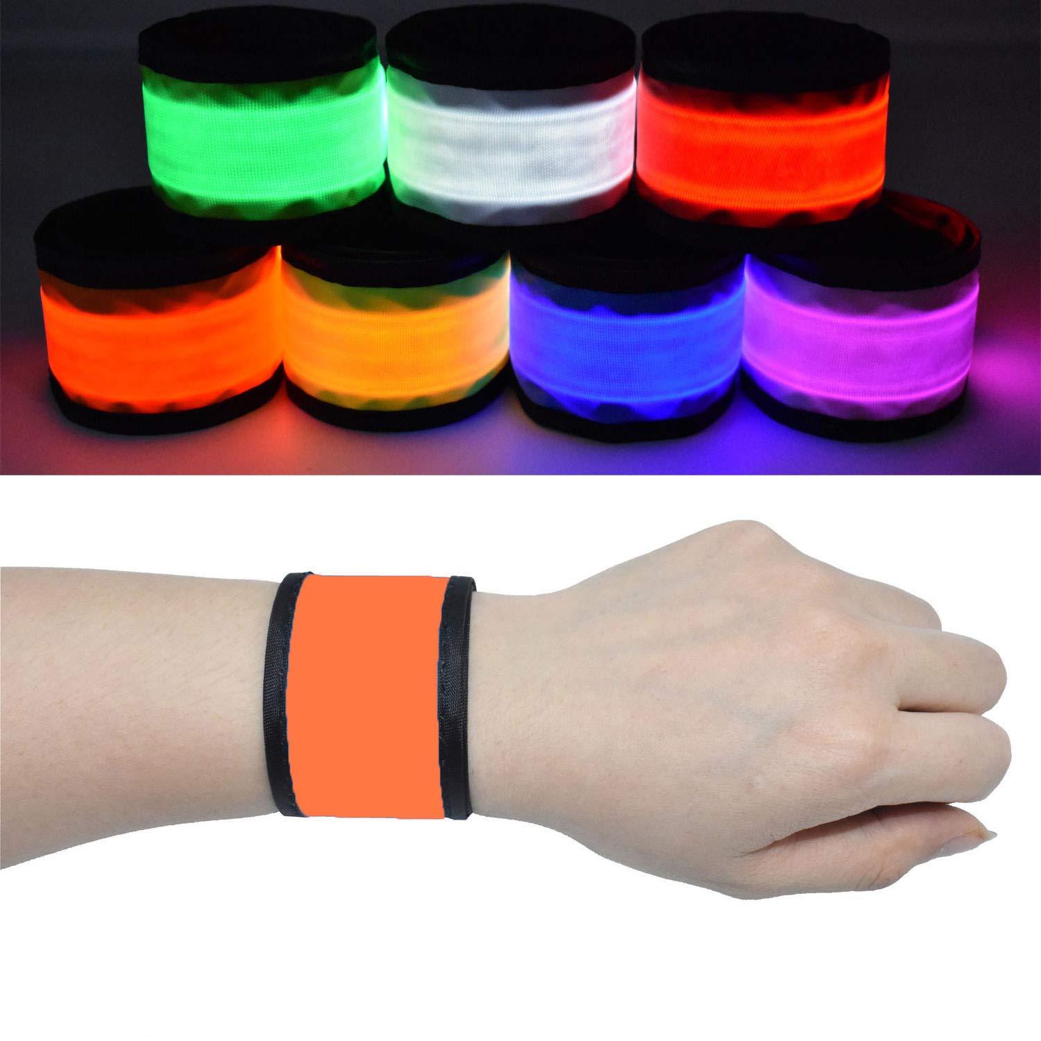 FYLARFLY LED Glow Slap Bracelets for Kids Adults, Light Up Wristbands Flashing Arm Wrist Ankle Bands High Visibility Safety Reflective Gear Lights for Biking Walking Running Camping (Orange)
