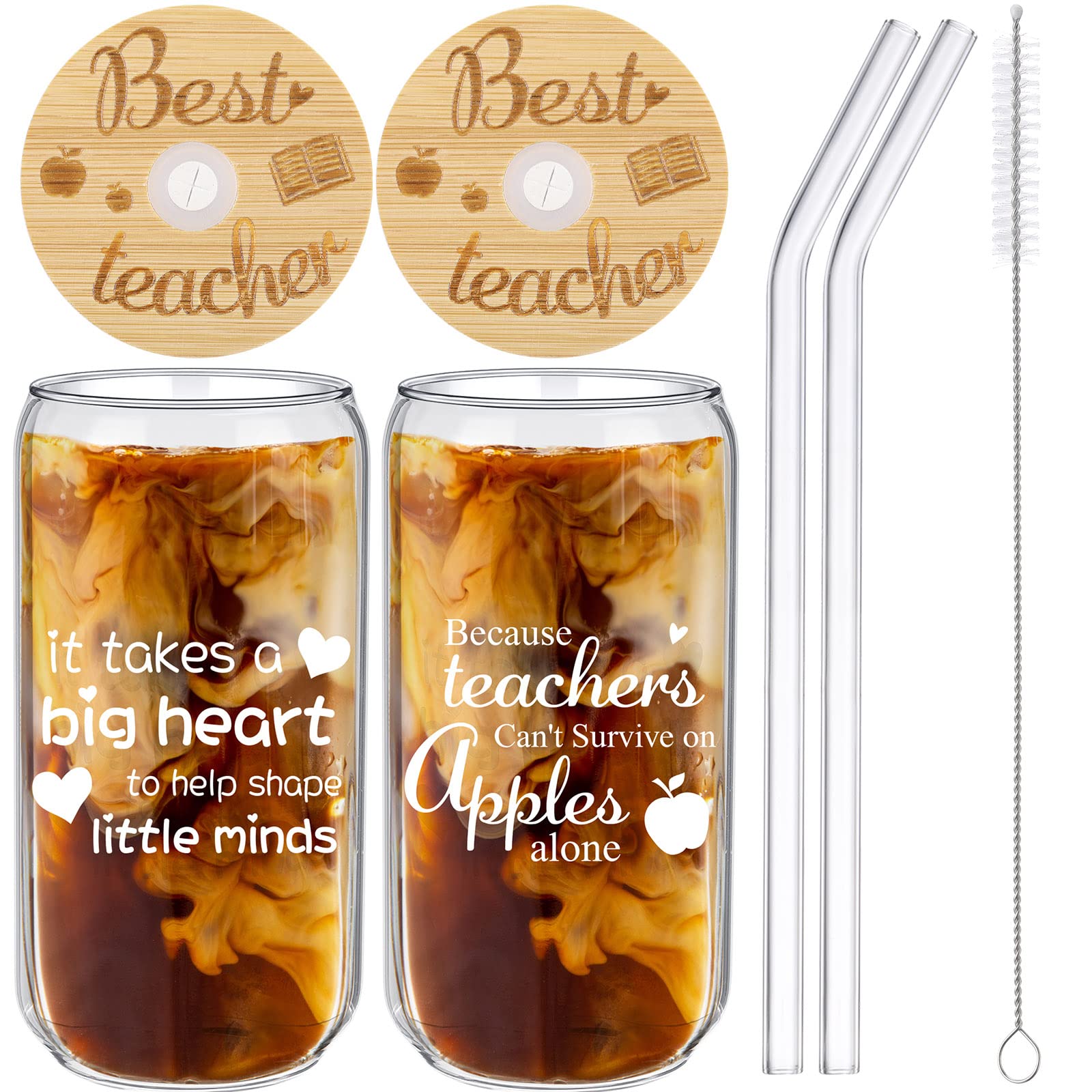 Gerrii 2 Pieces Teacher Gifts For Women Teacher Appreciation Gift Teacher Glass Cup 16 oz Drinking Glass Iced Coffee Glass Cup with Bamboo Lid and Straw