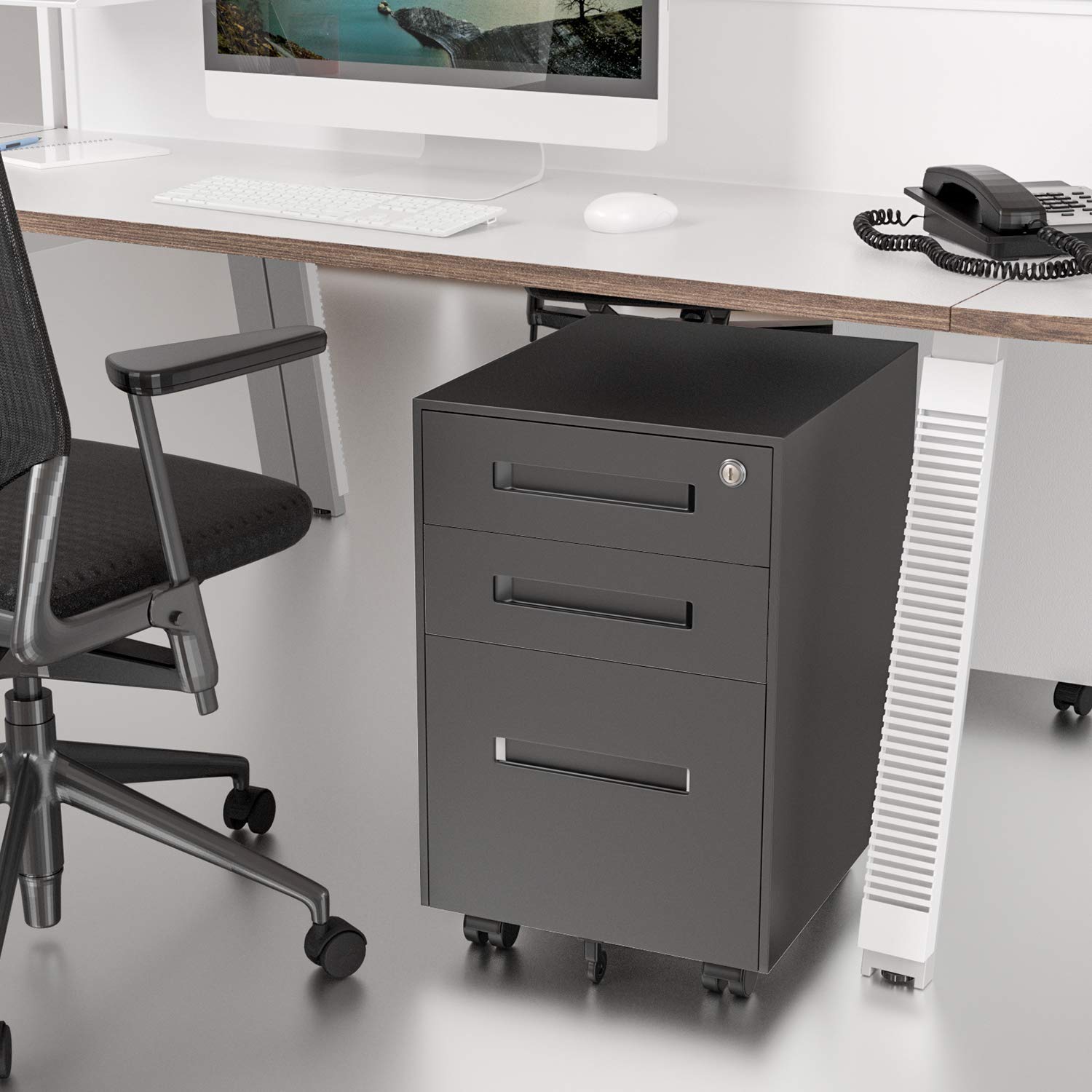 FORSTEEL File Cabinet, 3 Drawers Mobile Filing Cabinet with Lock, Steel File Cabinet A4 Size, Fully Assembled with Anti-tilt Setting for Home Office (Black)