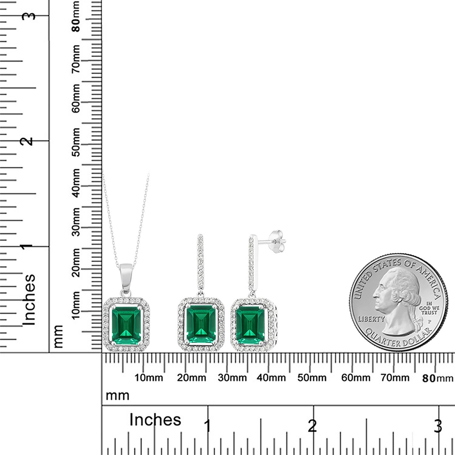 Gem Stone King 925 Sterling Silver Green Simulated Emerald Pendant Earrings Set For Women (7.33 Cttw, with 18 Inch Chain)