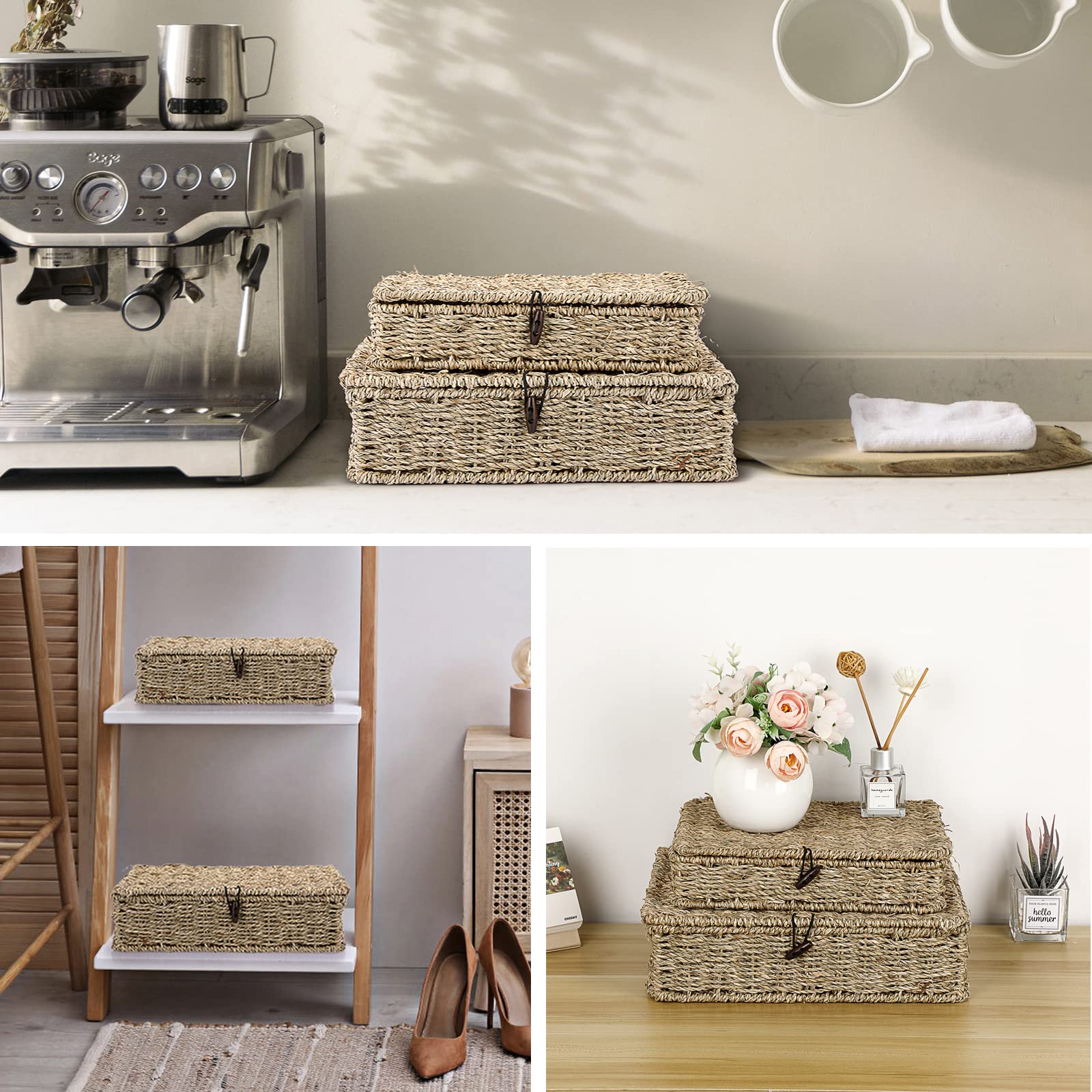 Hipiwe Set of 2 Flat Wicker Baskets Bins with Lid Handwoven Seagrass Storage Baskets Box Multipurpose Shelf Basket Bin Home Organizer Basket for Shelf Closet