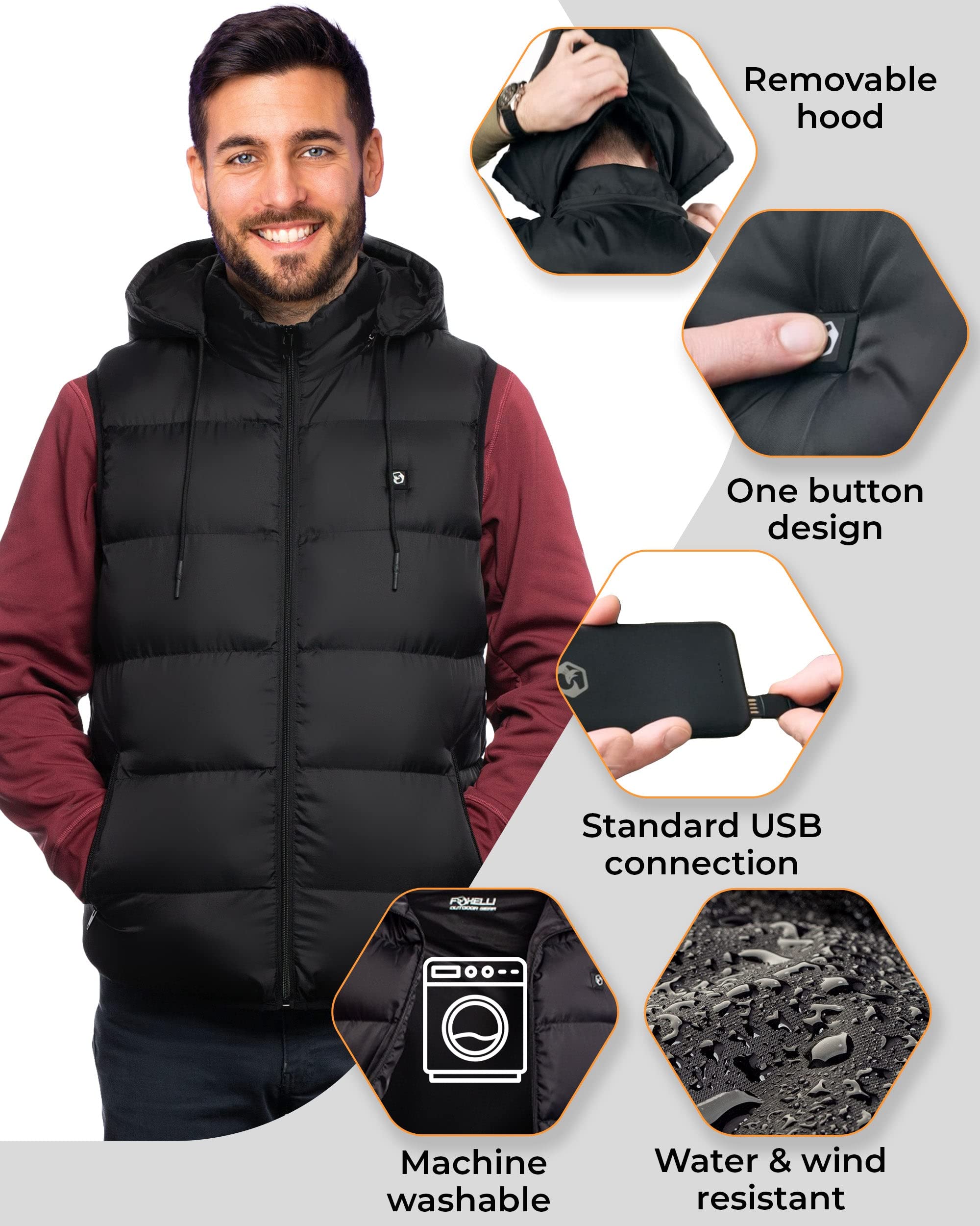 Foxelli Men's Heated Puffer Vest - Lightweight, USB Rechargeable Black Vest for Men, Men’s Winter Outerwear Vest with Battery