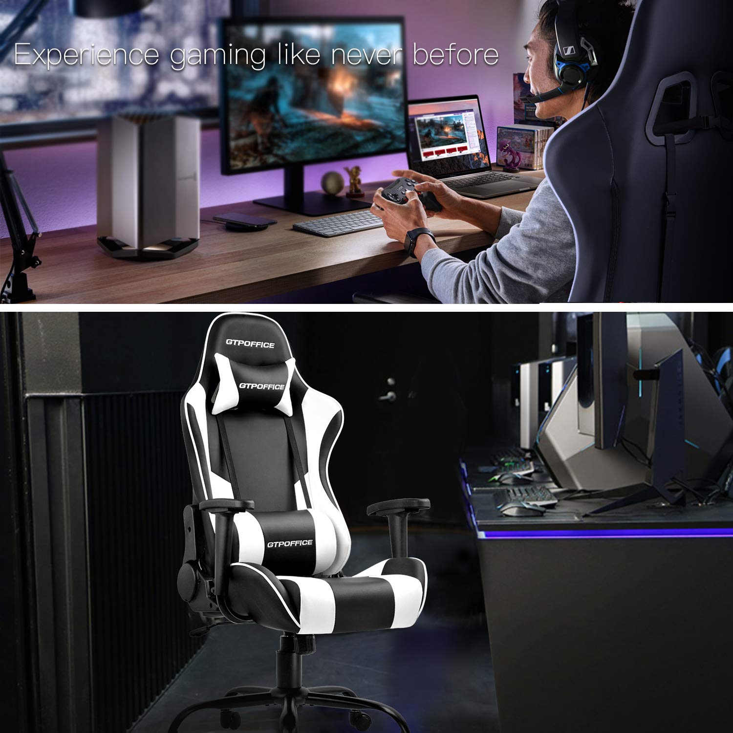 Gaming Chair Massage Office Computer Chair for Adult Reclining Adjustable Swivel Leather Computer Chair High Back Desk Chair Headrest and Massage Lumbar Support Cushion,1 Pack (White)