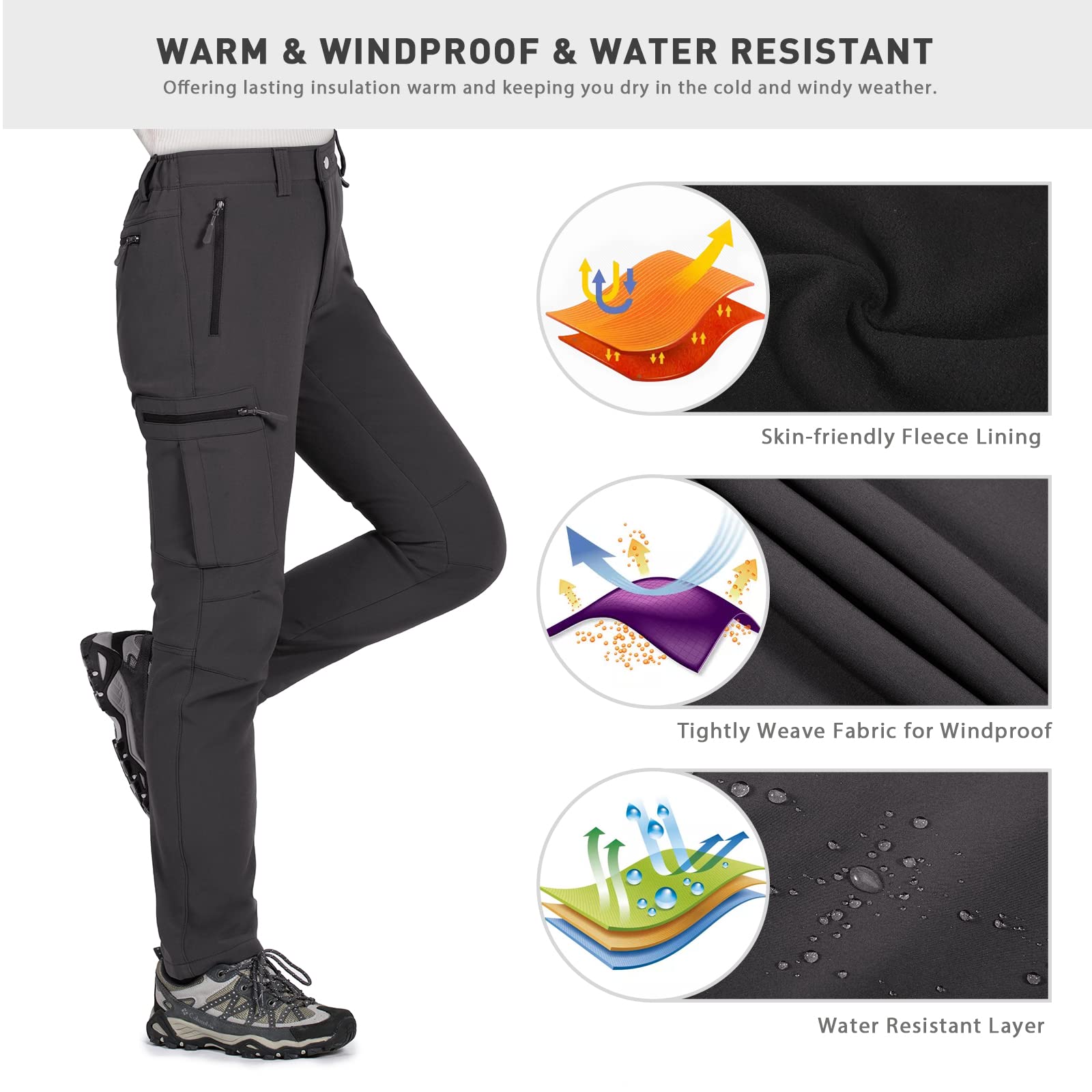 Gouxry Women's Snow Ski Pants Hiking Fleece Lined Insulated Waterproof Windproof Outdoor Cargo Snowbard Pants (Black, XL)
