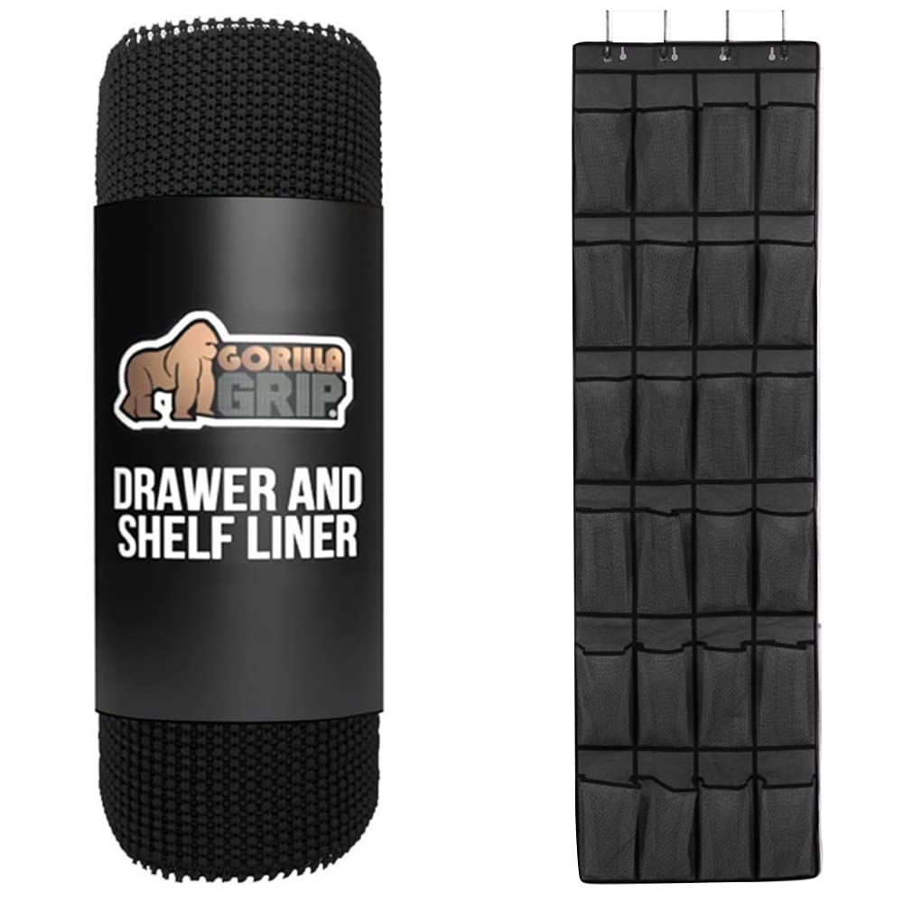 Gorilla Grip Drawer and Shelf Liner and Over The Door Shoe Organizer, Shelf Liner Size 17.5 in x 10 FT, Strong Grip, Shoe Holder Size 24 Mesh Pocket, Nonslip Holder, Both in Black, 2 Item Bundle