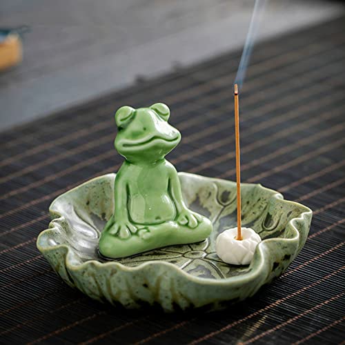 FKOG Cute Ceramic Frog Incense Holder for Sticks, Tree Frog Yoga Meditation Incense Sticks Holder, Lotus Leaf Incense Burner with Ash Catcher for Massages Aromatherapy (Green)