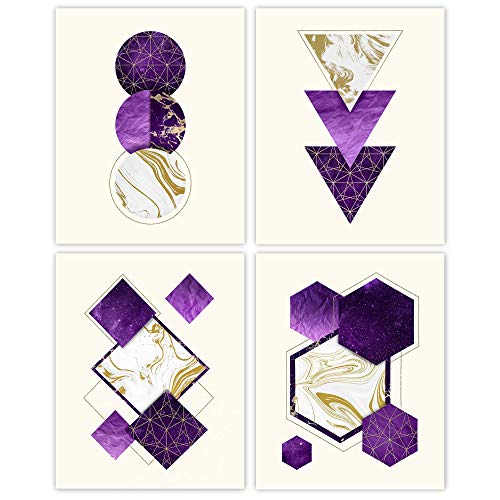 Modern Geometric Abstract Purple Gold Wall Art Decor Prints, 4 (8x10) Unframed Photos, Artwork Gifts Under 20 for Home Bathroom Bedroom Office Studio Lounge Architecture Design Student Teacher Fan