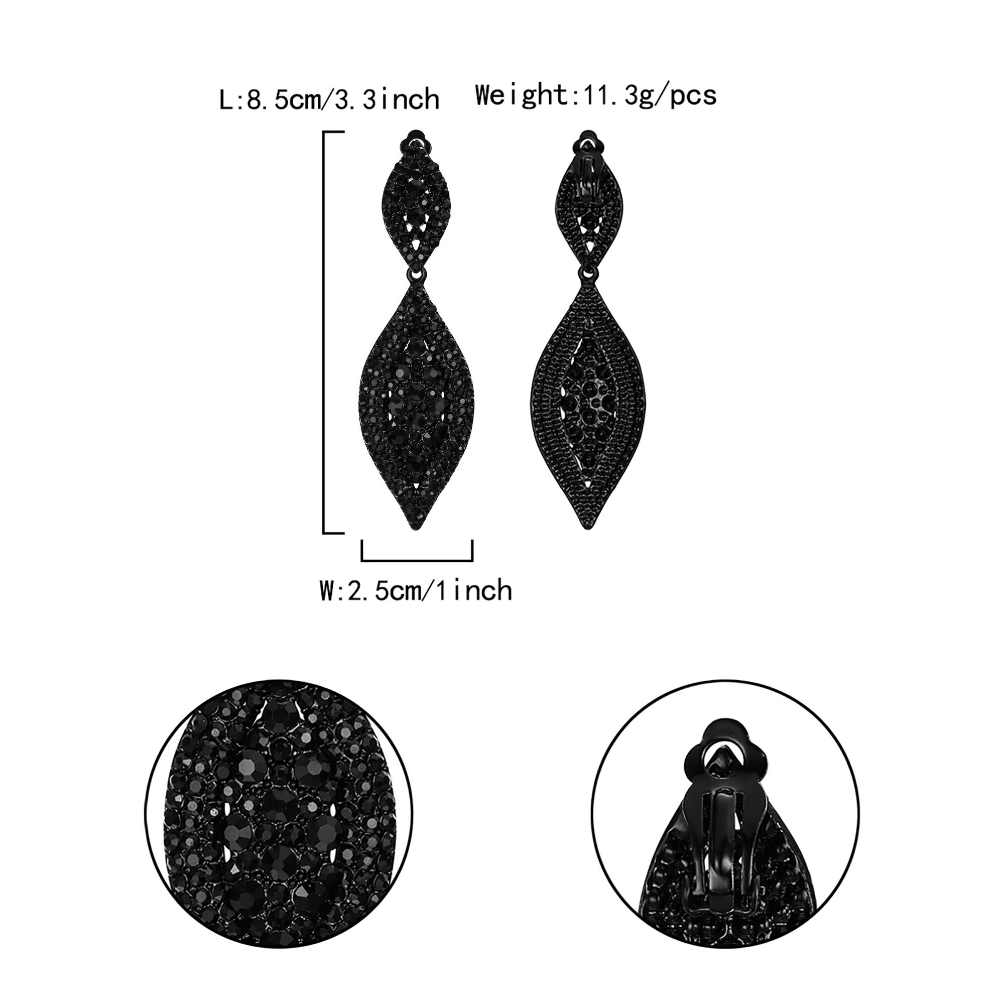 Flyonce Clip On Earrings for Women Rhinestone Crystal Wedding Bridal Clip-on Drop Dangle Earrings Black Black-Tone