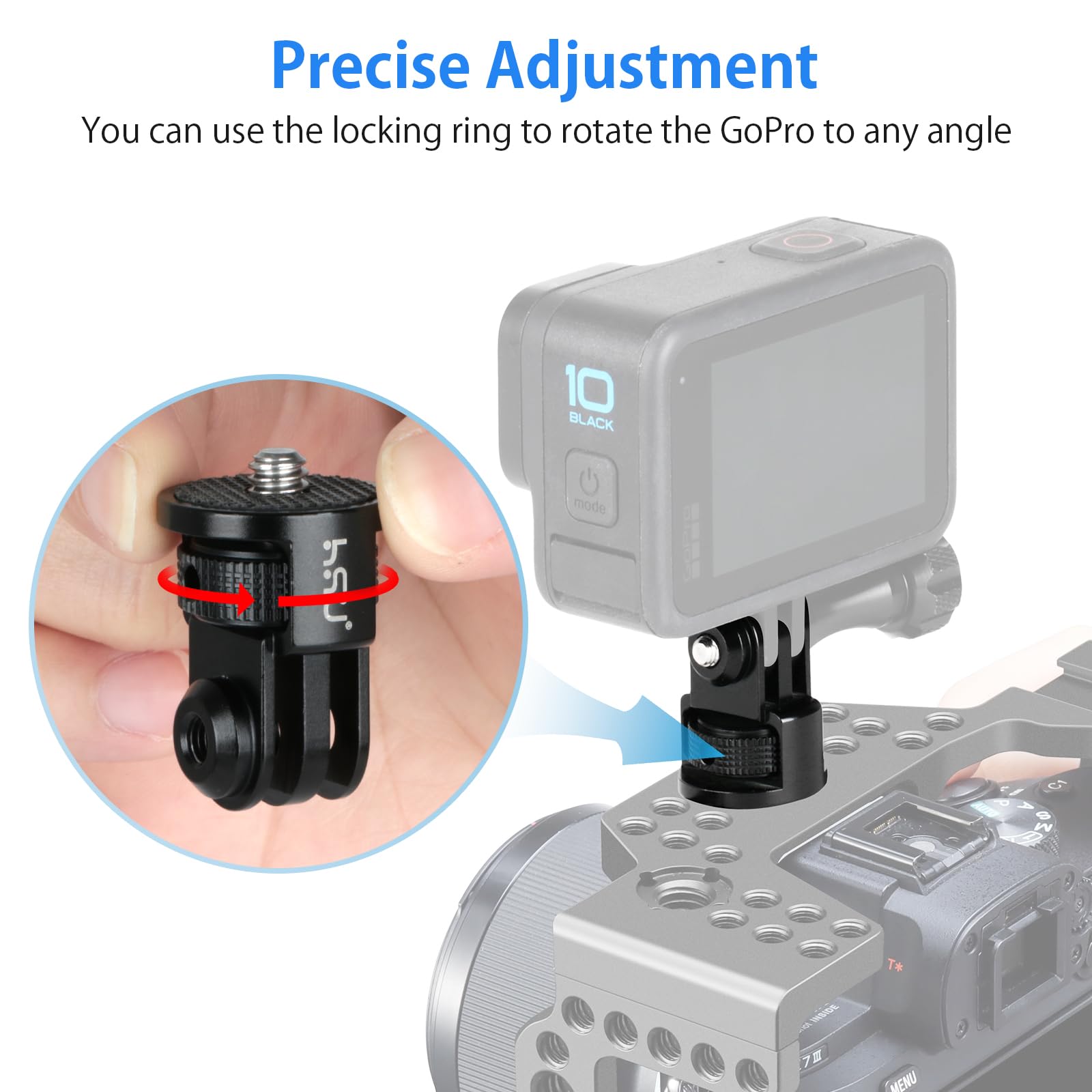 HSU Aluminum Camera Tripod Mount Adapter, 1/4" 20 Camera Mount for GoPro Hero 12/11/10/9/8/7 Insta360 X3/X2/X/RS/R and Other Cameras (Black)