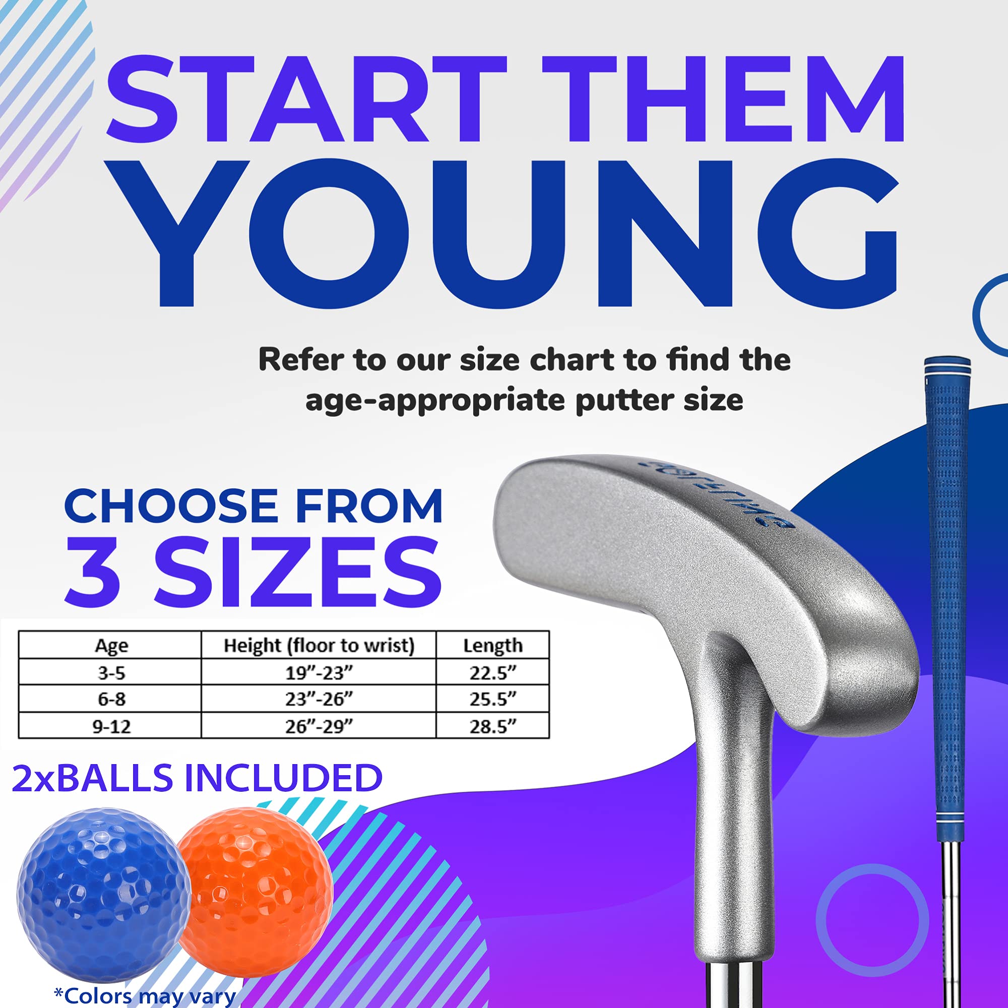Golfling Golf Putter for Kids - 25 Inch Non-Moveable in Four Colors, Kids Putter for 5-7 Years, Two-Way with Two Balls