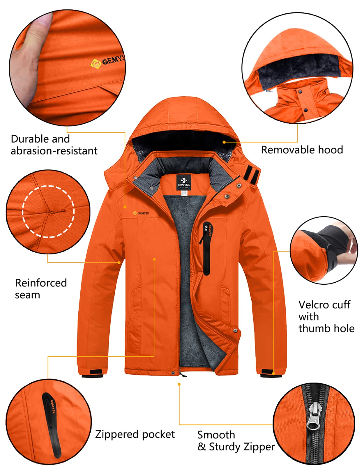 GEMYSE Men's Mountain Waterproof Ski Snow Jacket Winter Windproof Rain Jacket (Orange,Medium)